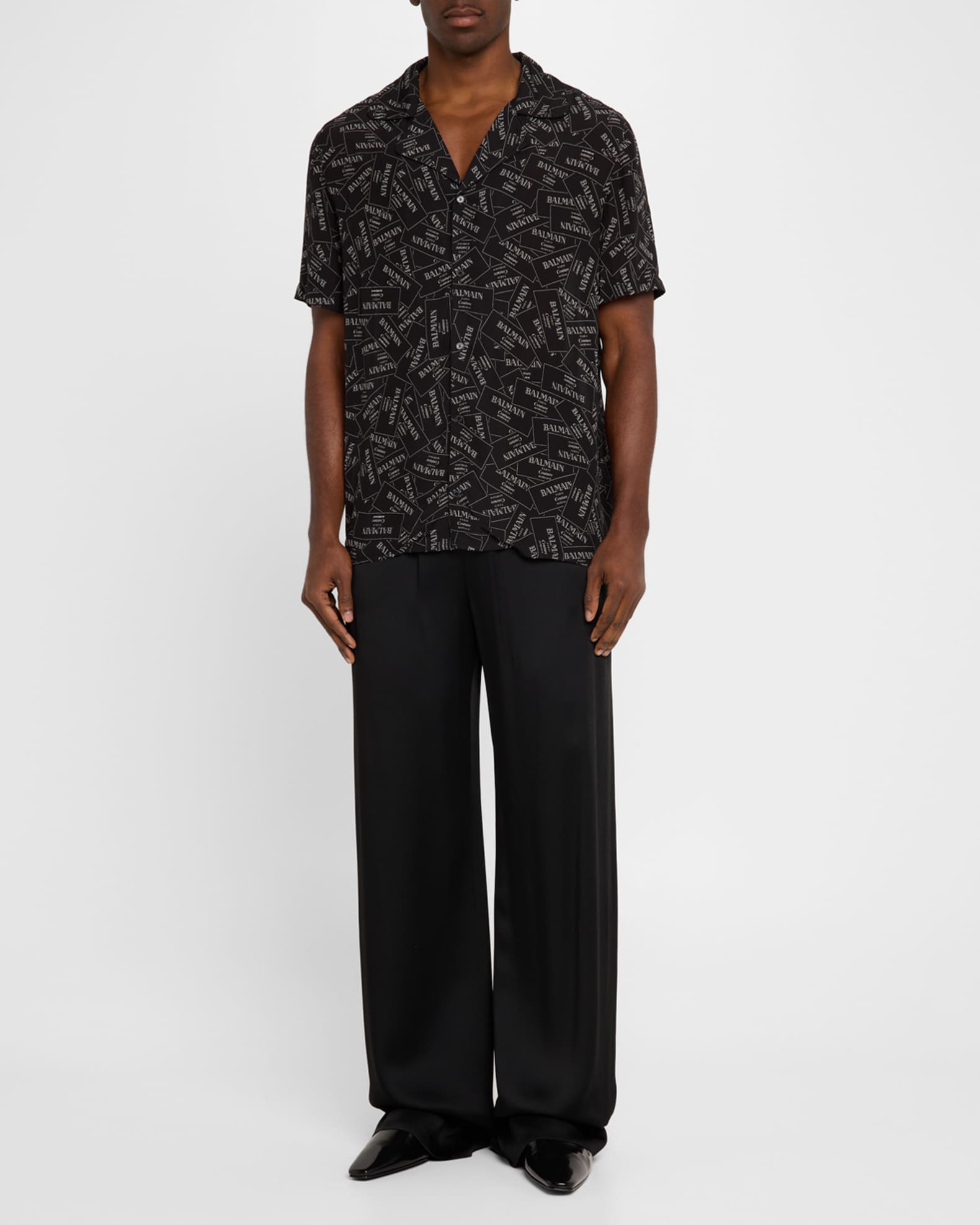Balmain Men's Allover Couture Label-Print Shirt | Neiman Marcus