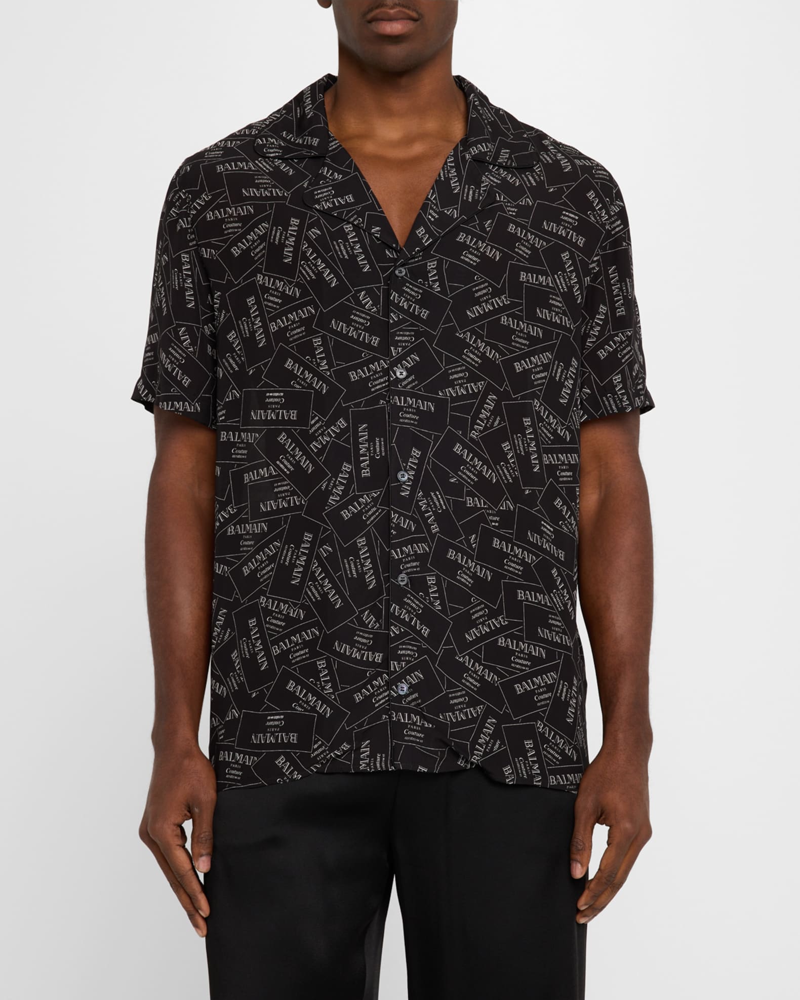 Balmain Men's Allover Couture Label-Print Shirt | Neiman Marcus