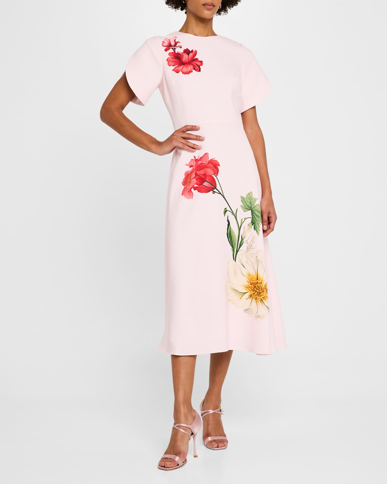 Rickie Freeman for Teri Jon Floral-Print Crepe Midi Dress | Neiman Marcus