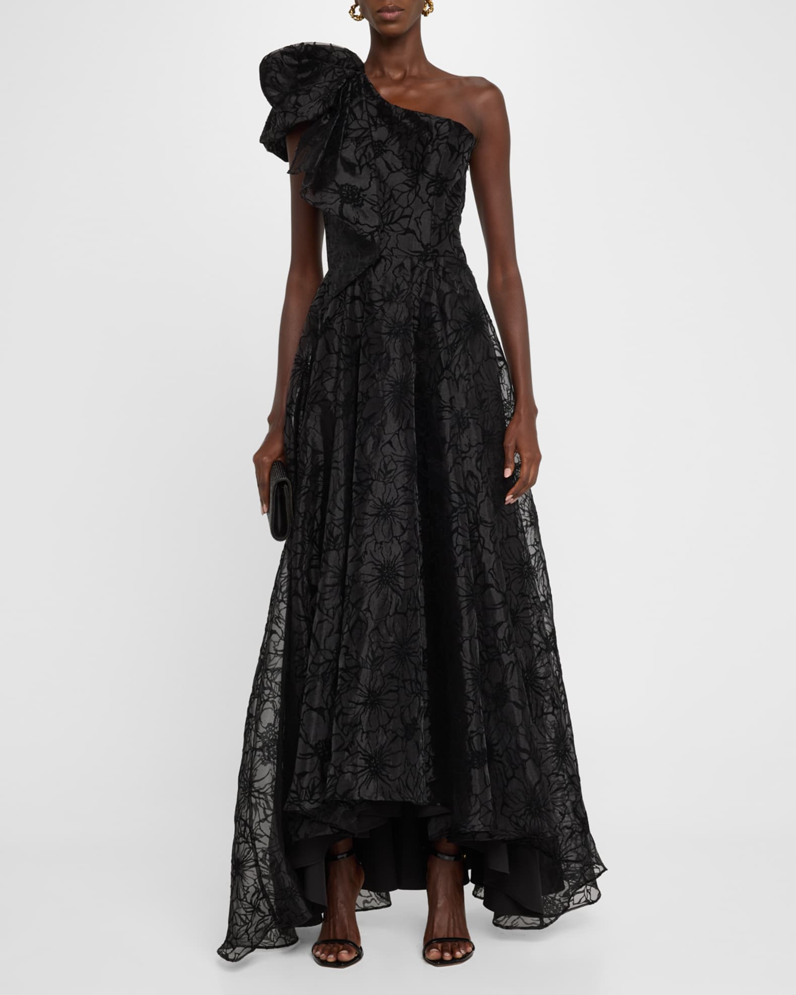 Black Halo Mirabella One-Shoulder Flocked Organza Gown | Neiman Marcus