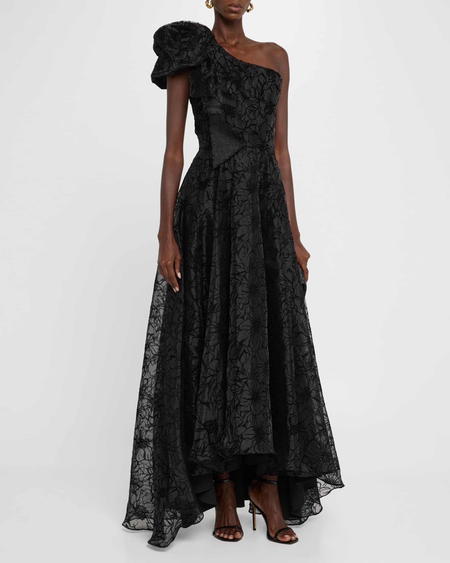 Black Halo Mirabella One-Shoulder Flocked Organza Gown | Neiman Marcus