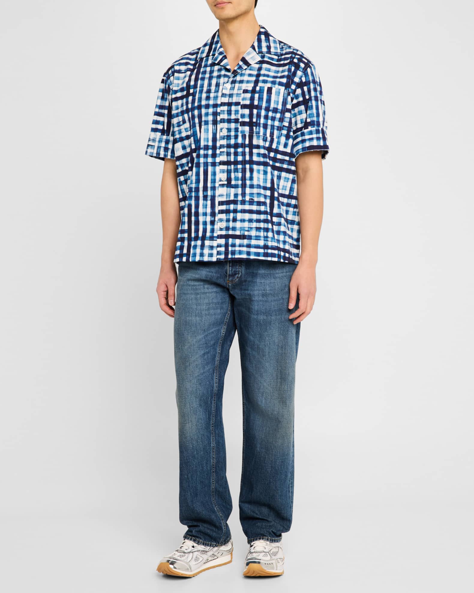 Bottega Veneta Men's Painted Gingham Camp Shirt | Neiman Marcus