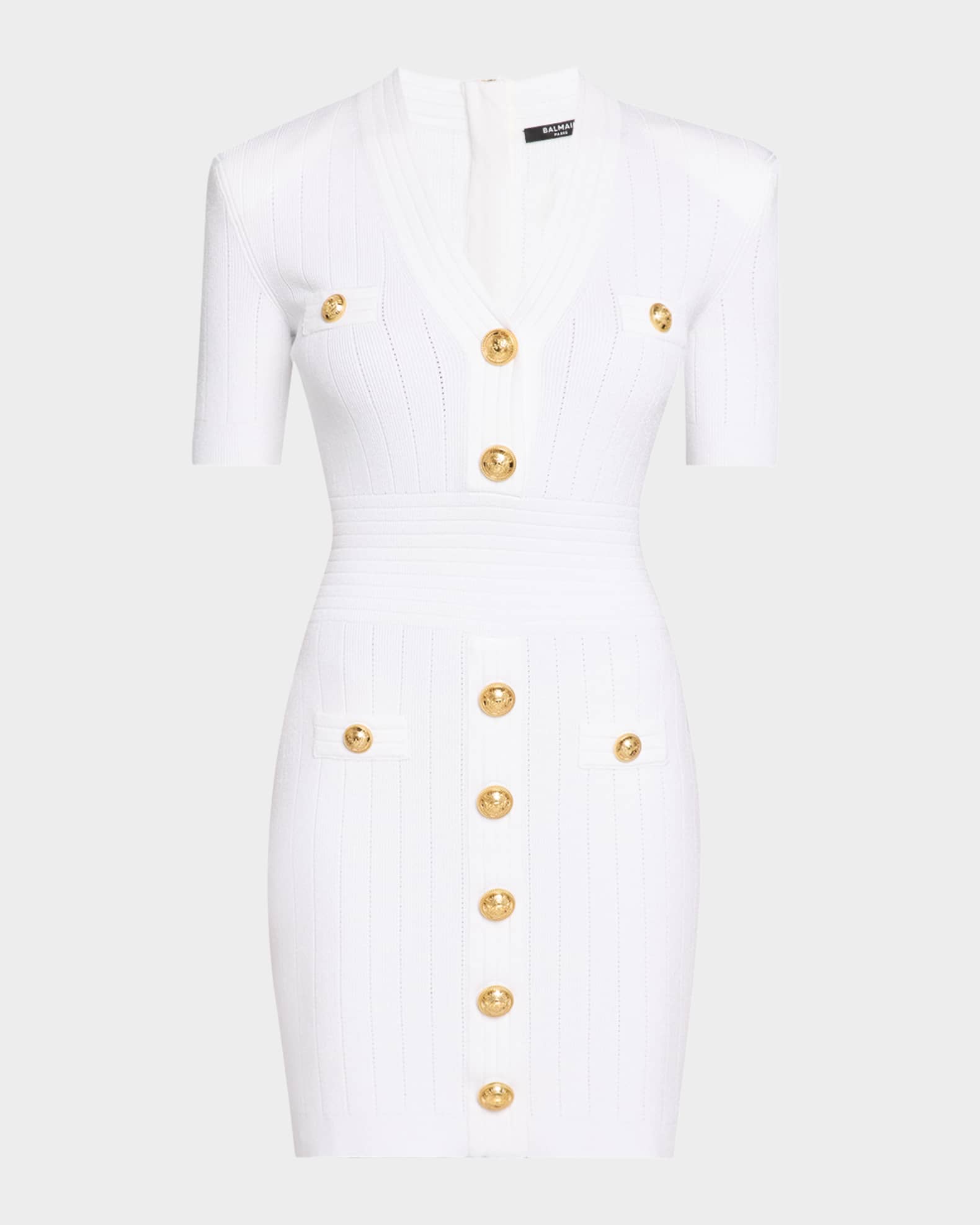 Balmain V-Neck 4 Pocket Mini Knit Dress | Neiman Marcus