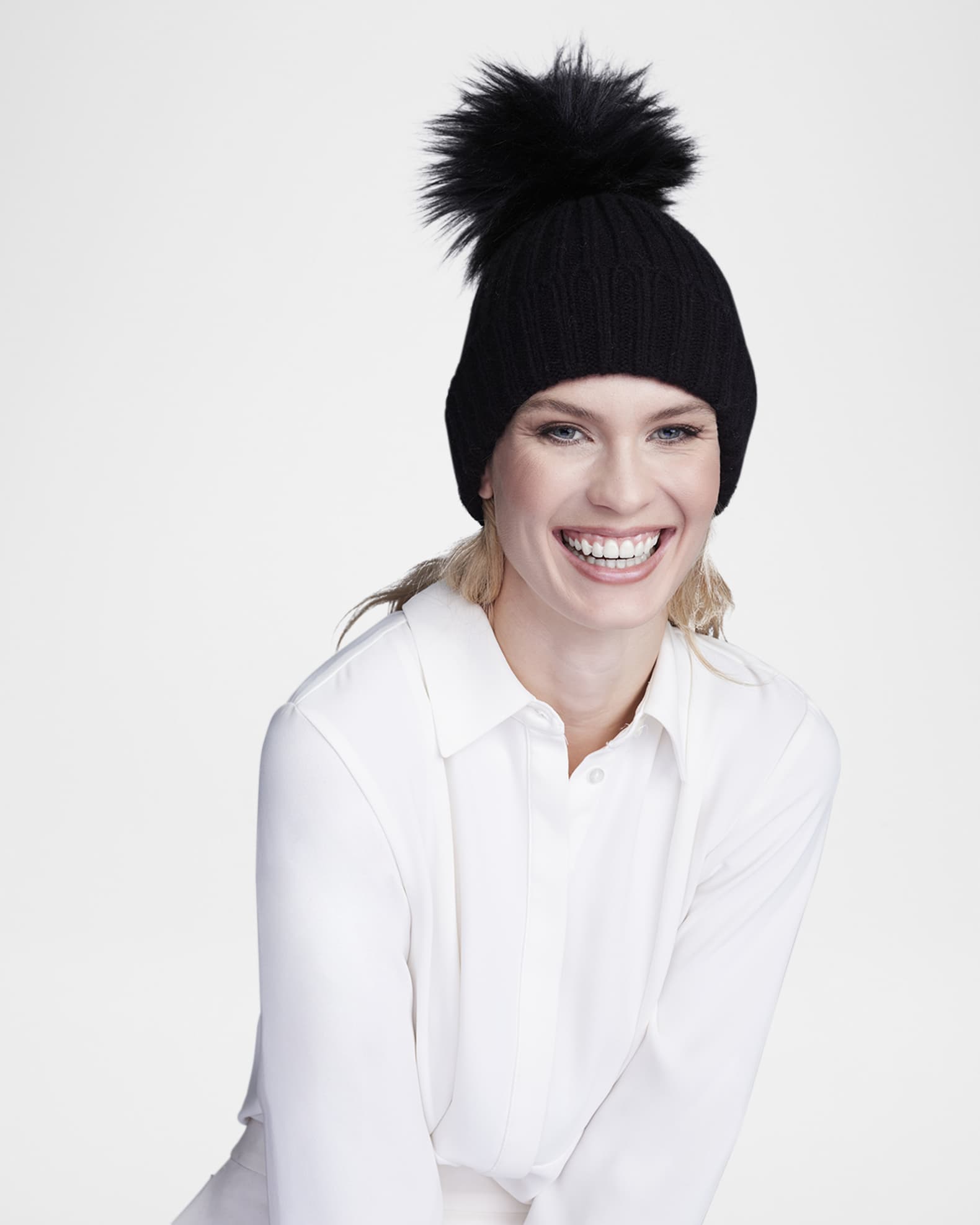 Pia Rossini Kiara Ribbed Faux Fur Pom Pom Beanie | Neiman Marcus