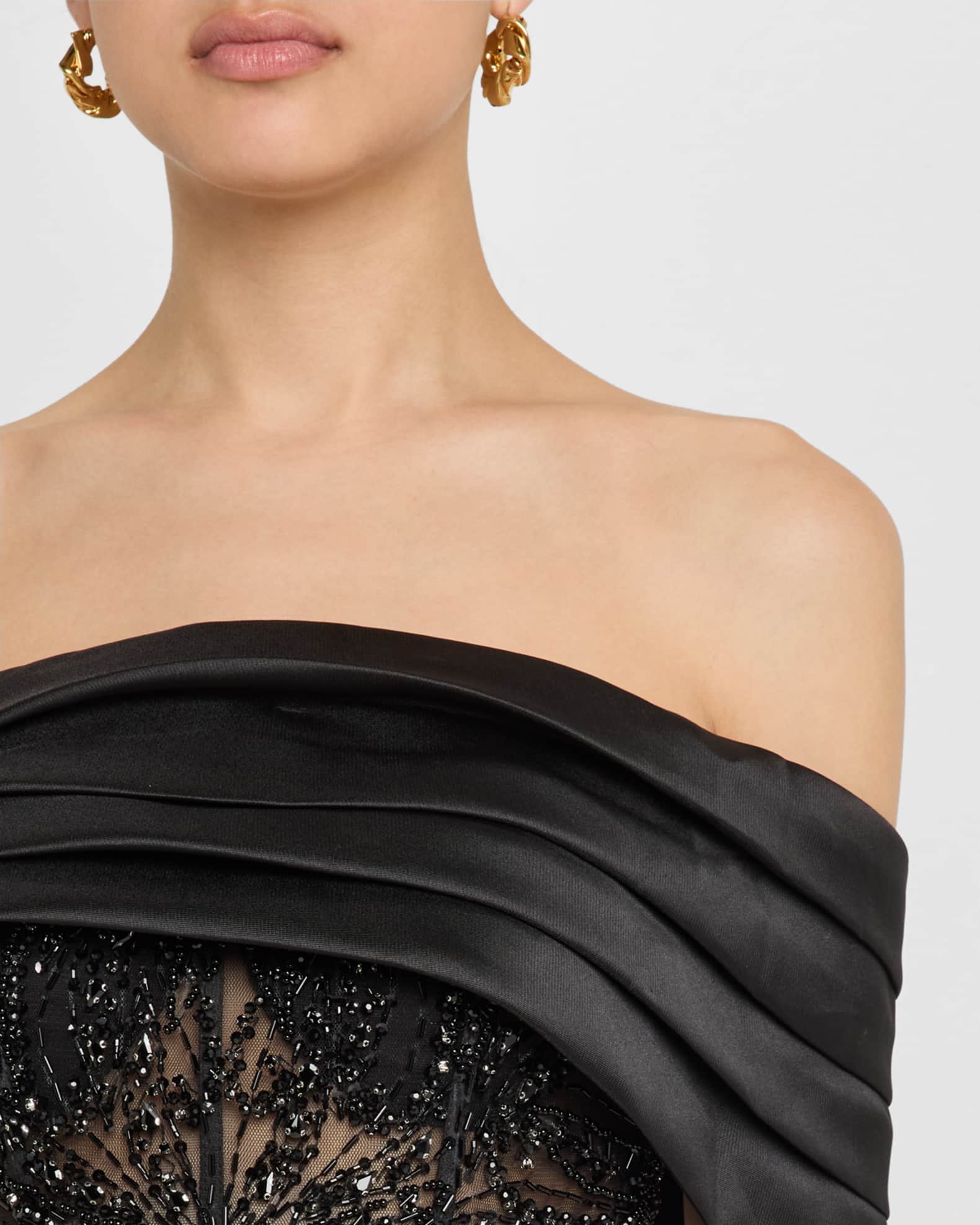 Jovani Pleated Off-Shoulder Lace-Embellished Gown | Neiman Marcus
