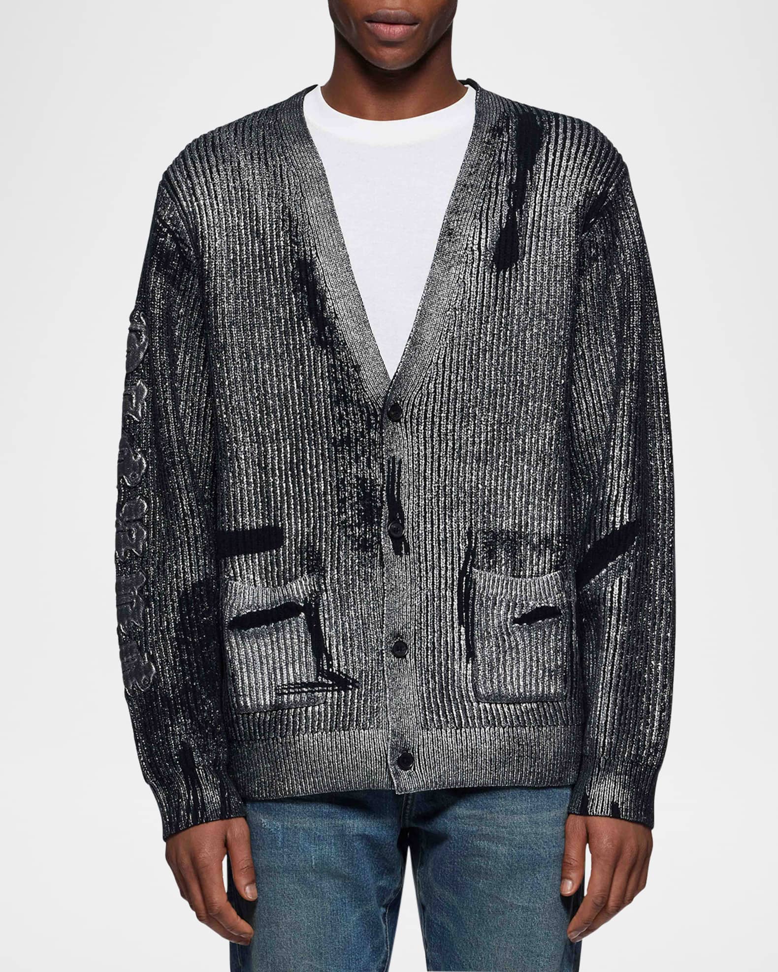 PURPLE Men's Foiled Wool Cardigan | Neiman Marcus