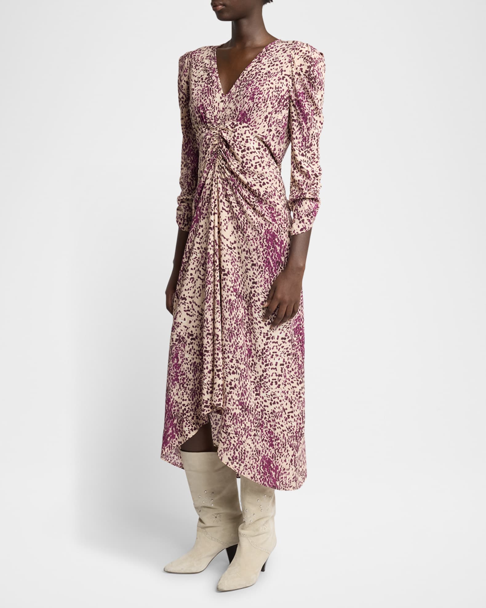 Isabel Marant Albini Spotted-Print Ruched 3/4-Sleeve Midi Dress ...