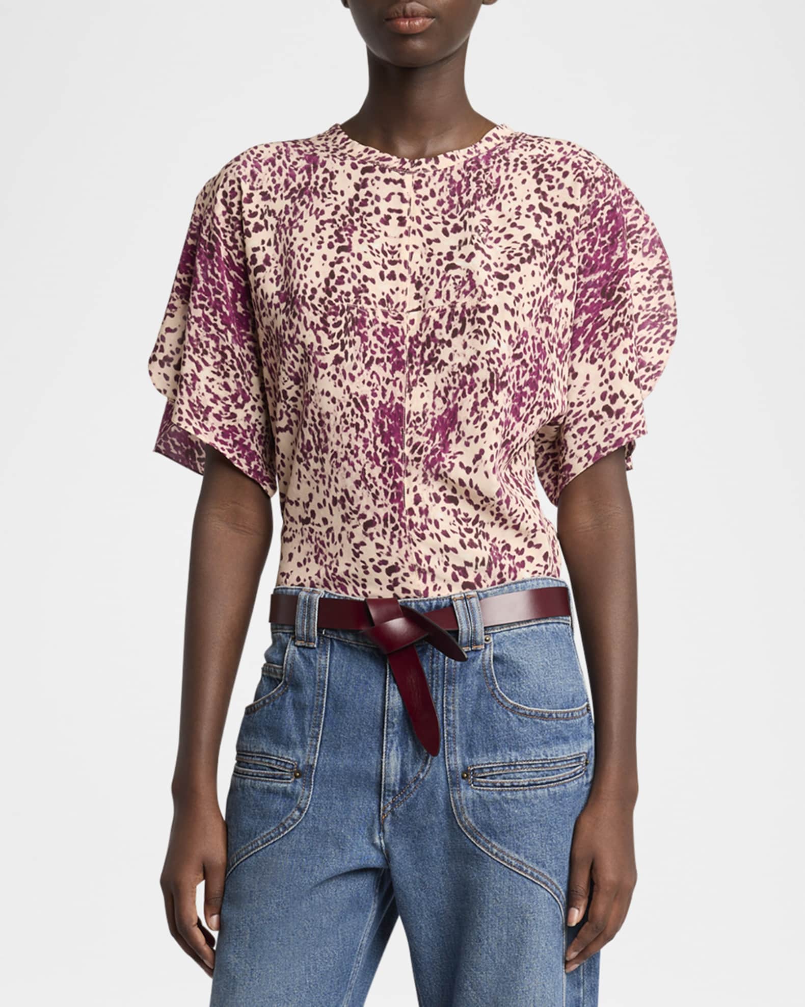 Isabel Marant Karlita Spotted-Print Silk Short-Sleeve Blouse | Neiman Marcus