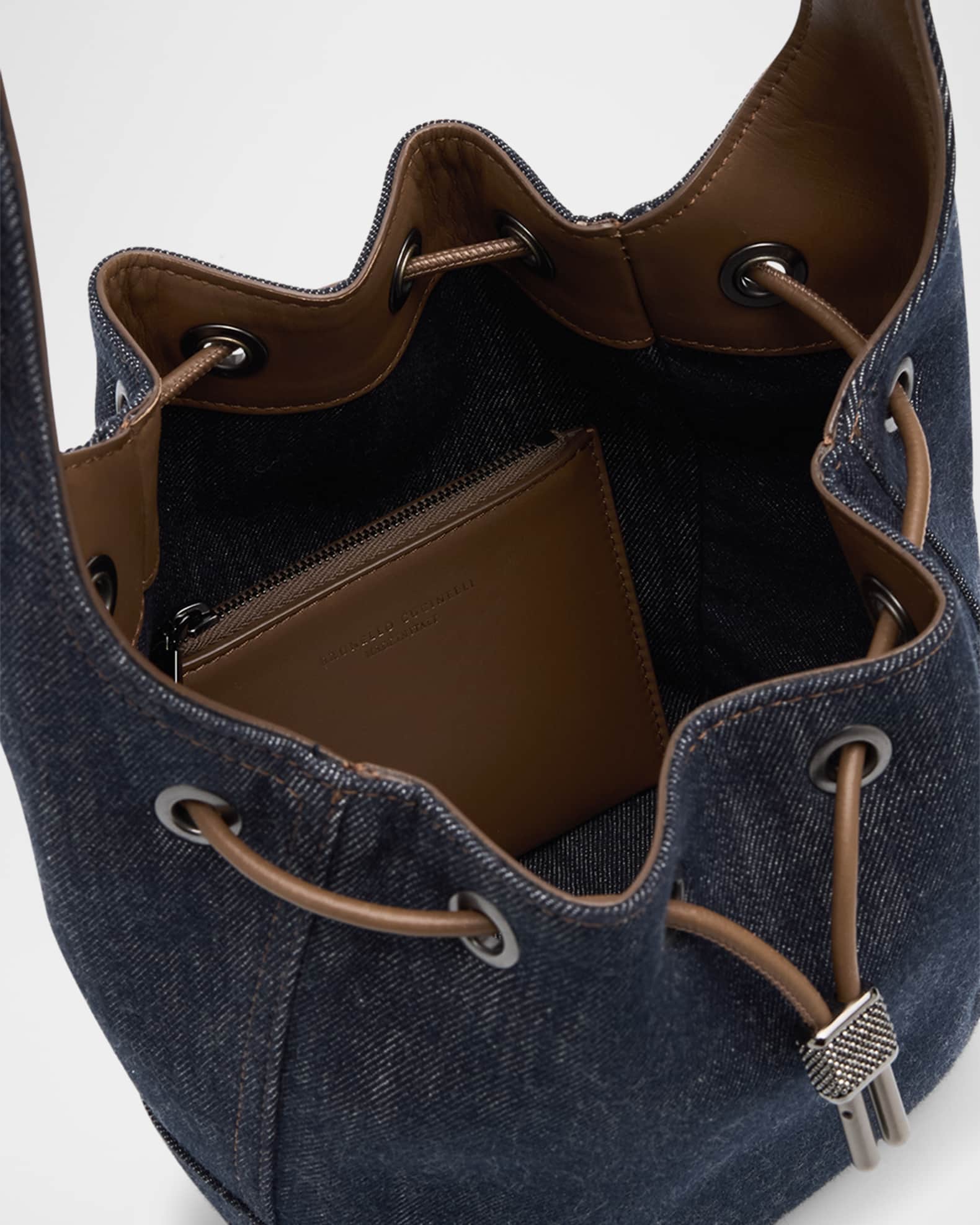 Brunello Cucinelli Duo Mini Denim Drawstring Bucket Bag | Neiman Marcus