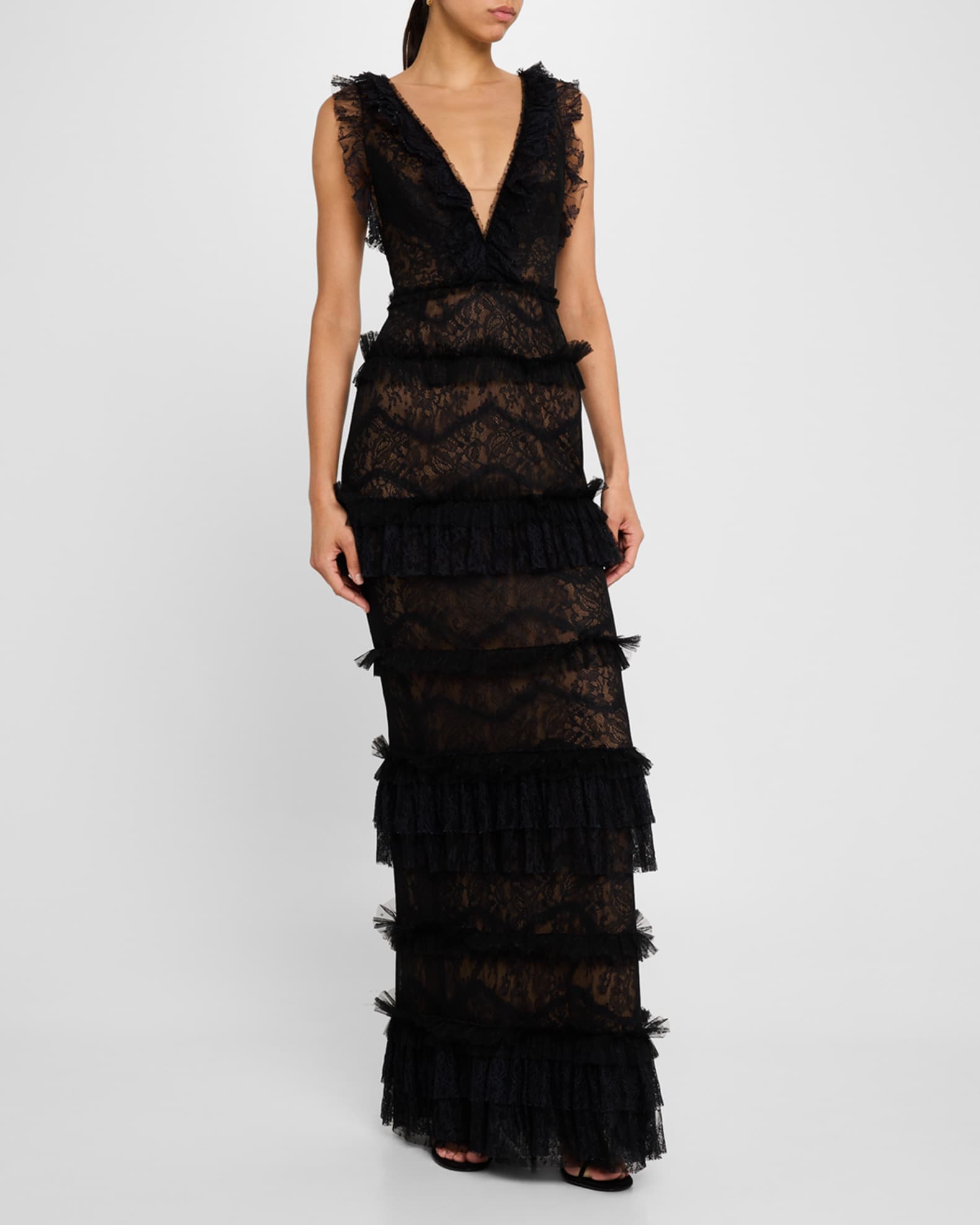 Marchesa Notte Tiered Ruffle-Trim Lace Column Gown | Neiman Marcus