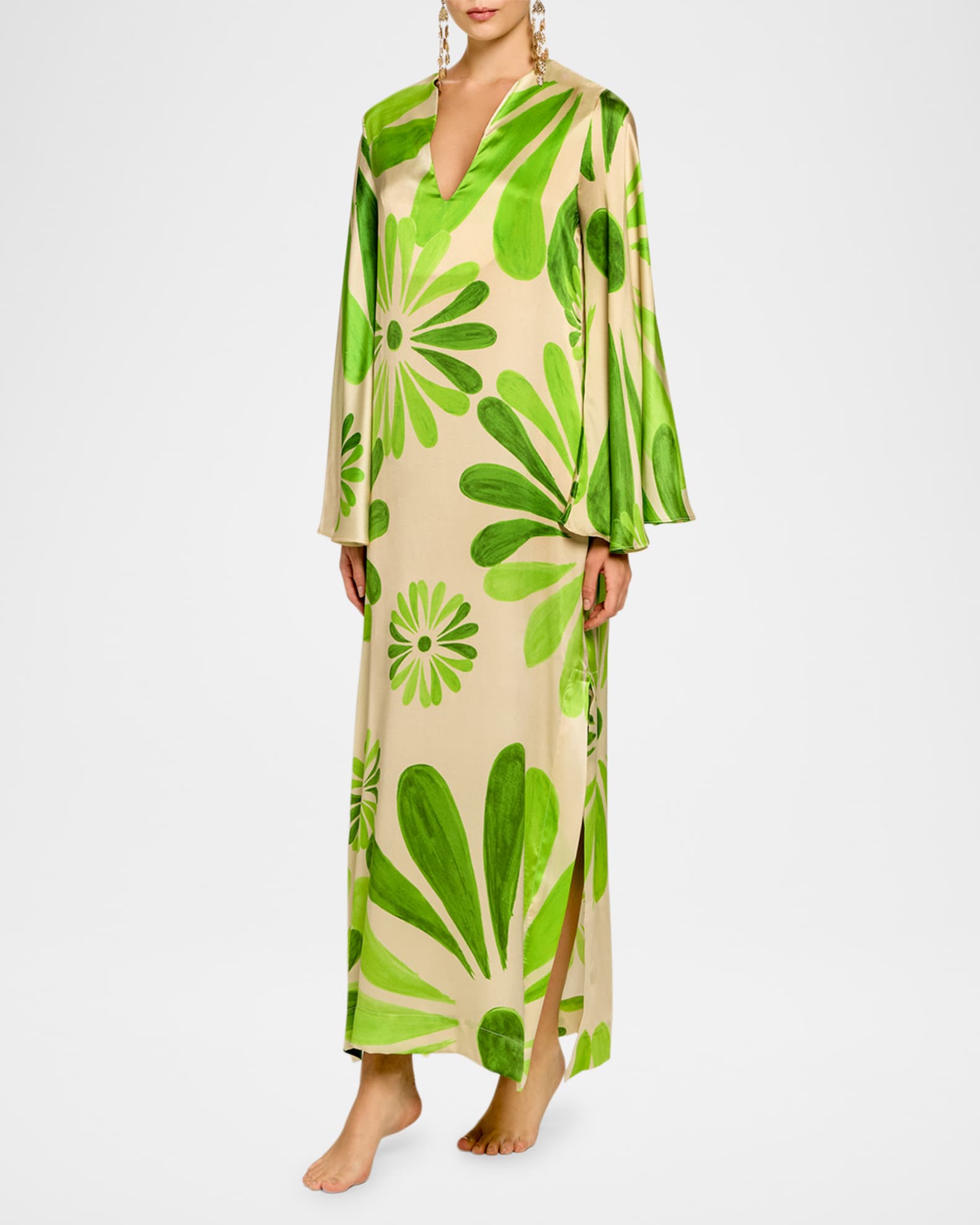 THEMIS Z Flora Printed Side-Slit Maxi Caftan | Neiman Marcus