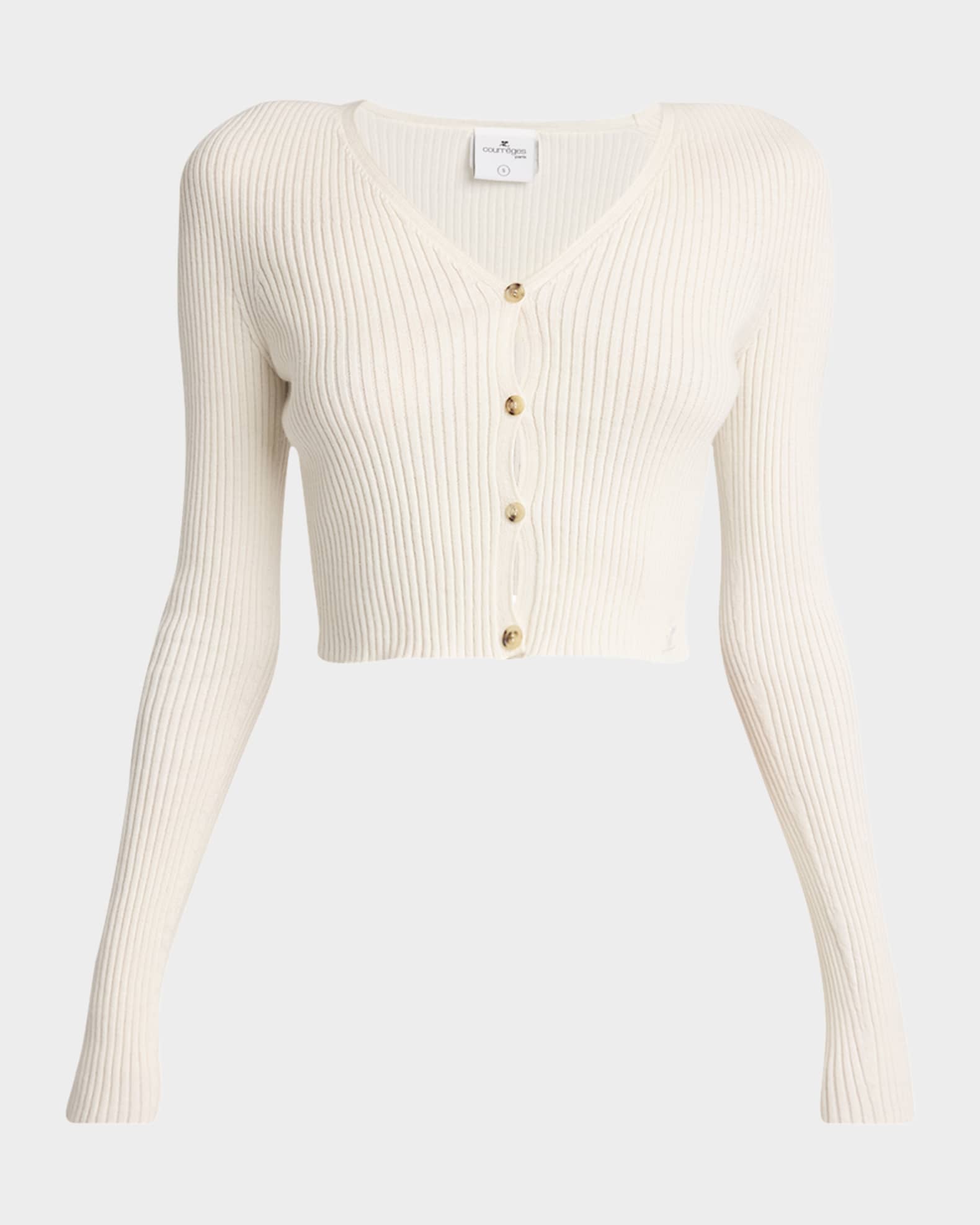Courreges V-Neck Rib Crop Cardigan | Neiman Marcus