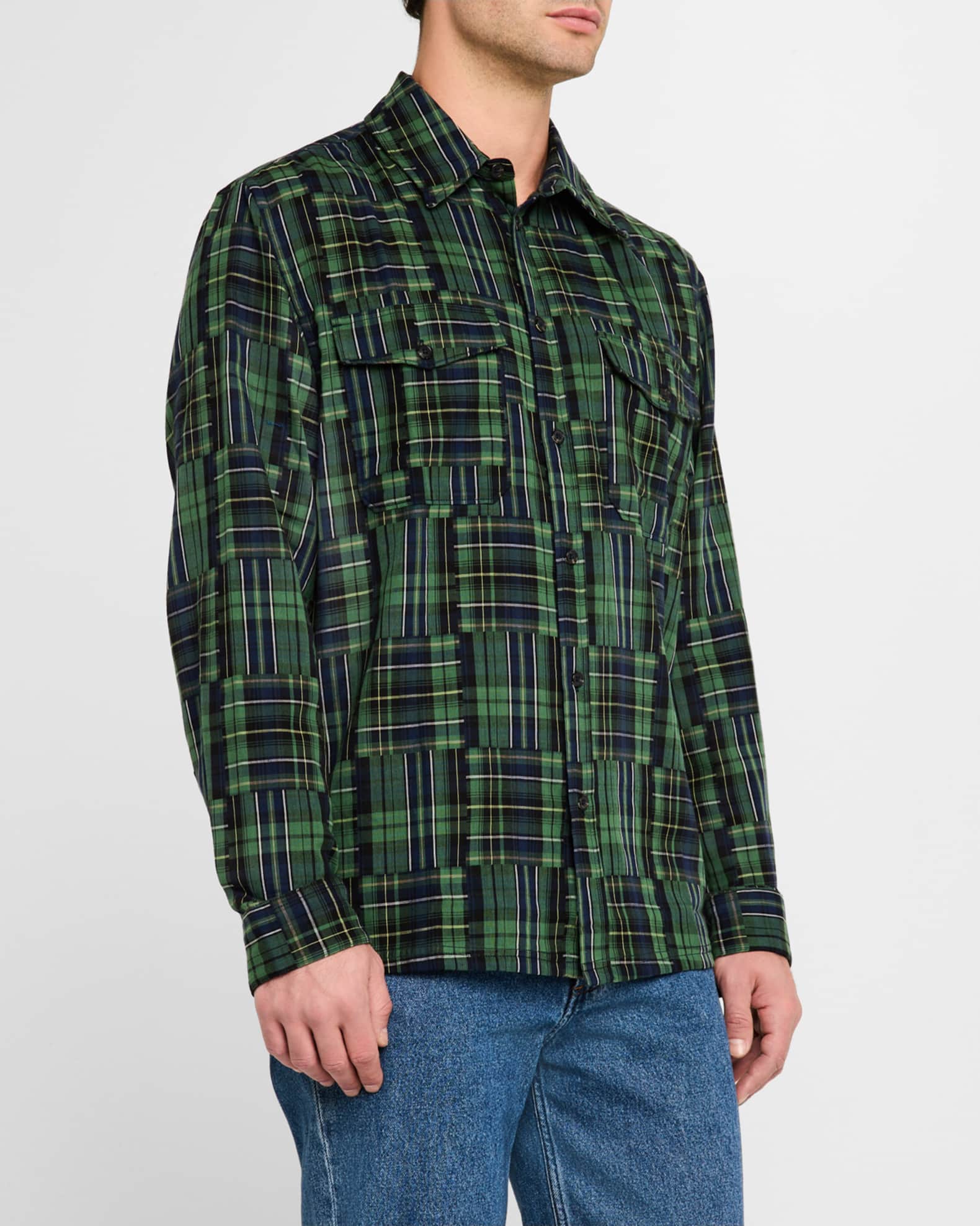 Scotch & Soda Men's Patchwork Plaid Button-Down Shirt | Neiman Marcus