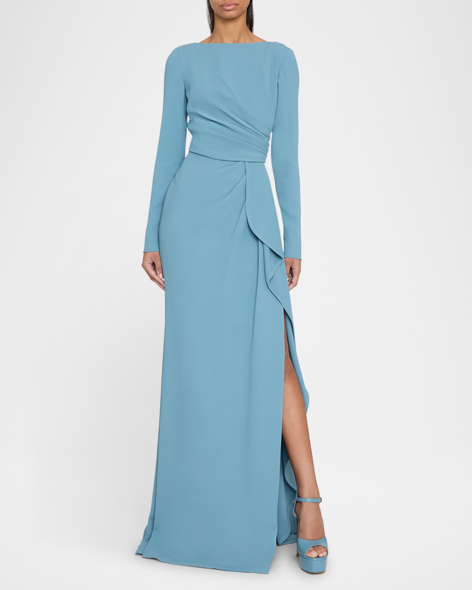 Elie Saab Long-Sleeve Ruffle-Slit Cady Gown | Neiman Marcus