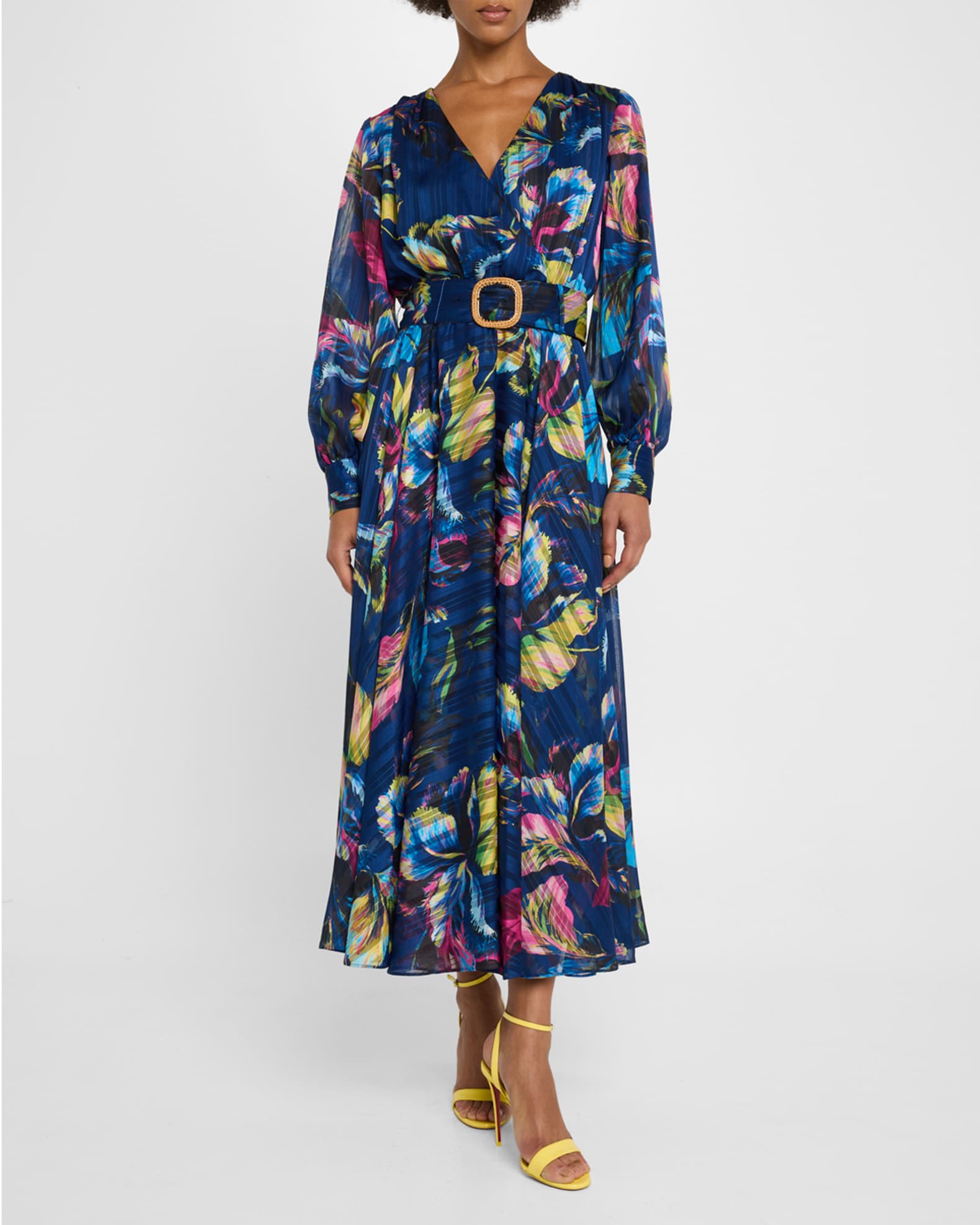 Elie Tahari The Milena Belted Floral-Print Midi Dress | Neiman Marcus