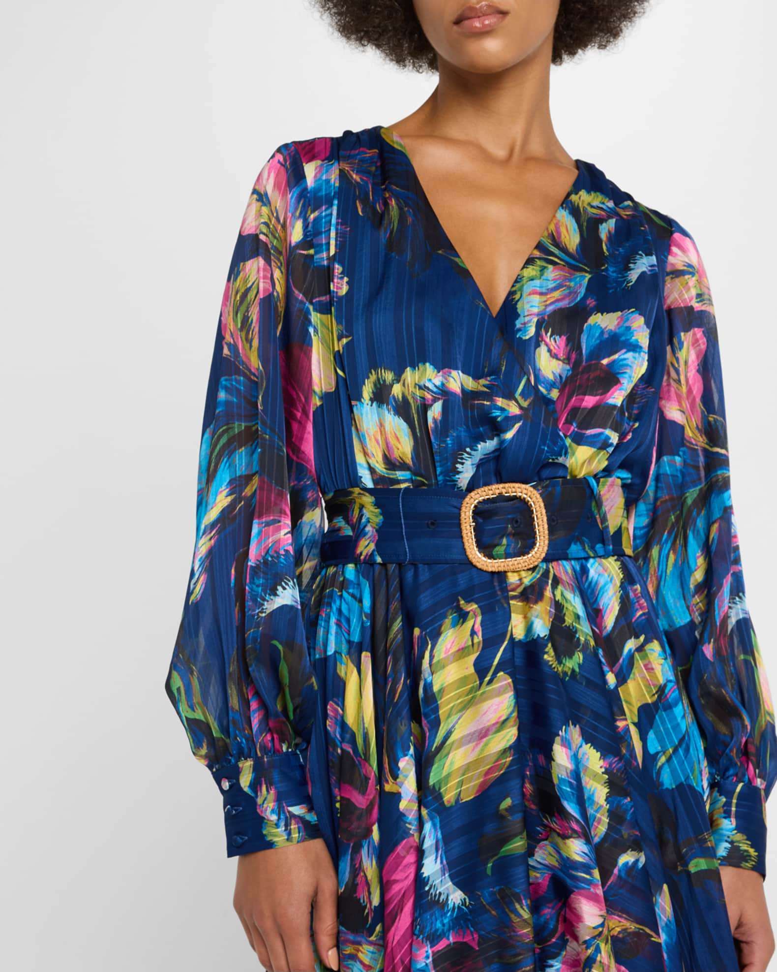 Elie Tahari The Milena Belted Floral-Print Midi Dress | Neiman Marcus