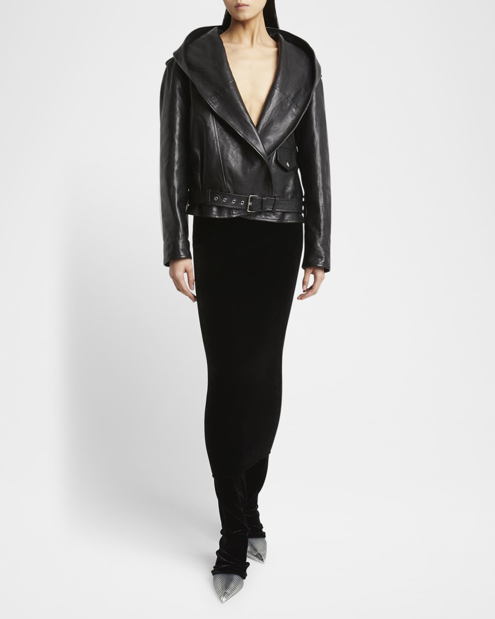 ALAIA Hooded Wrap Moto Leather Jacket | Neiman Marcus