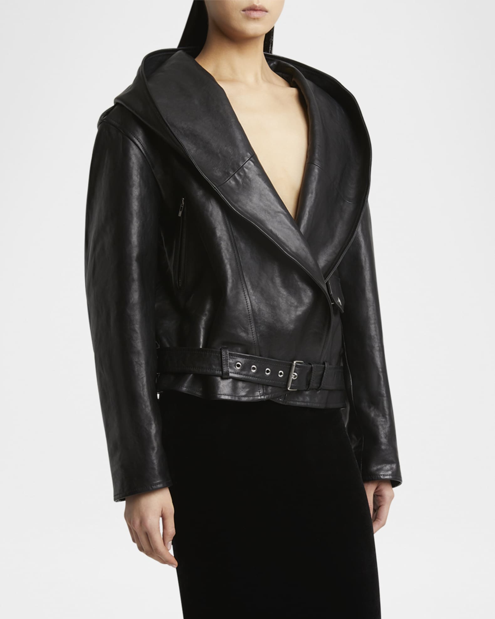 ALAIA Hooded Wrap Moto Leather Jacket | Neiman Marcus