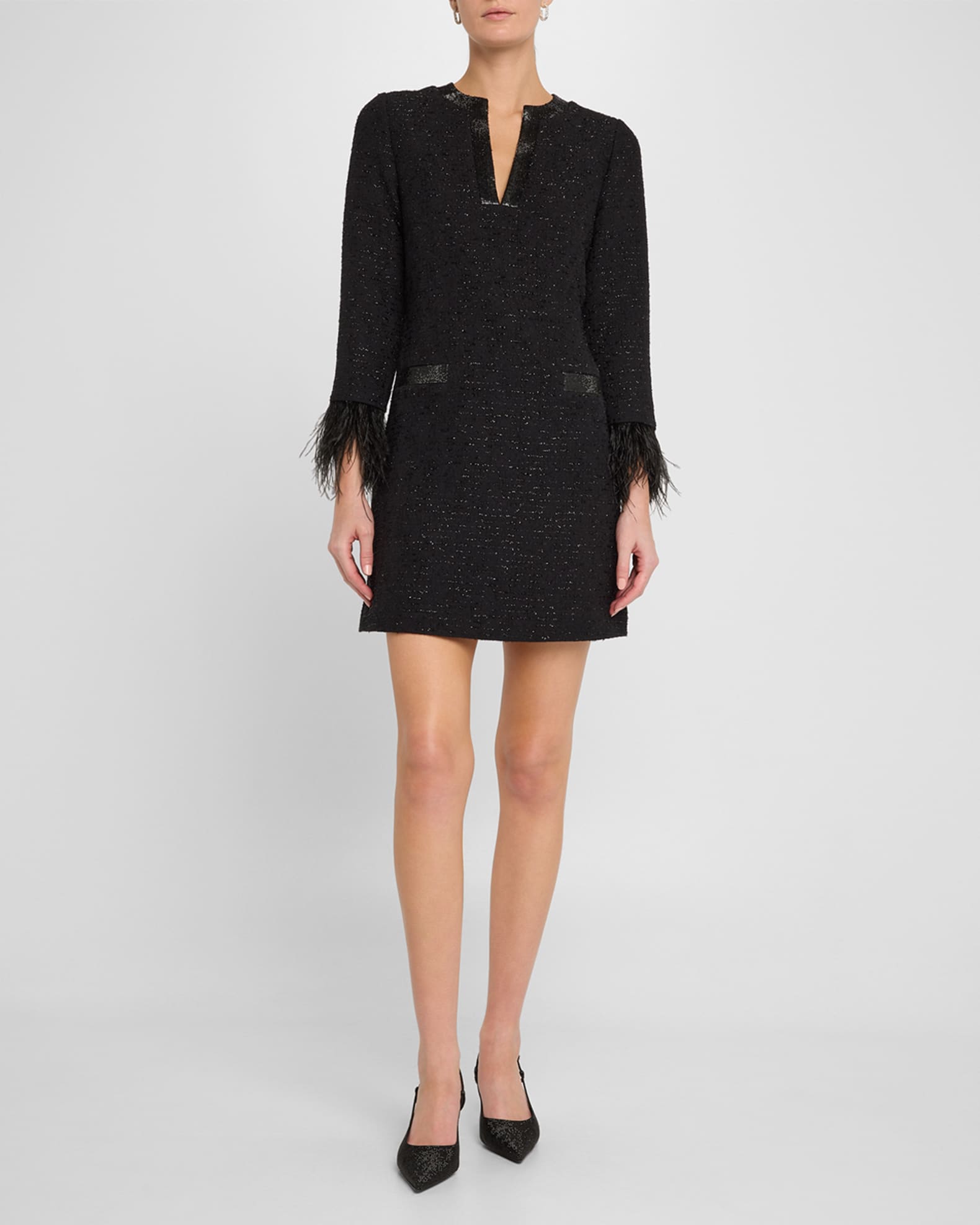 Aidan Mattox Feather-Cuff Boucle Jacquard Mini Dress | Neiman Marcus