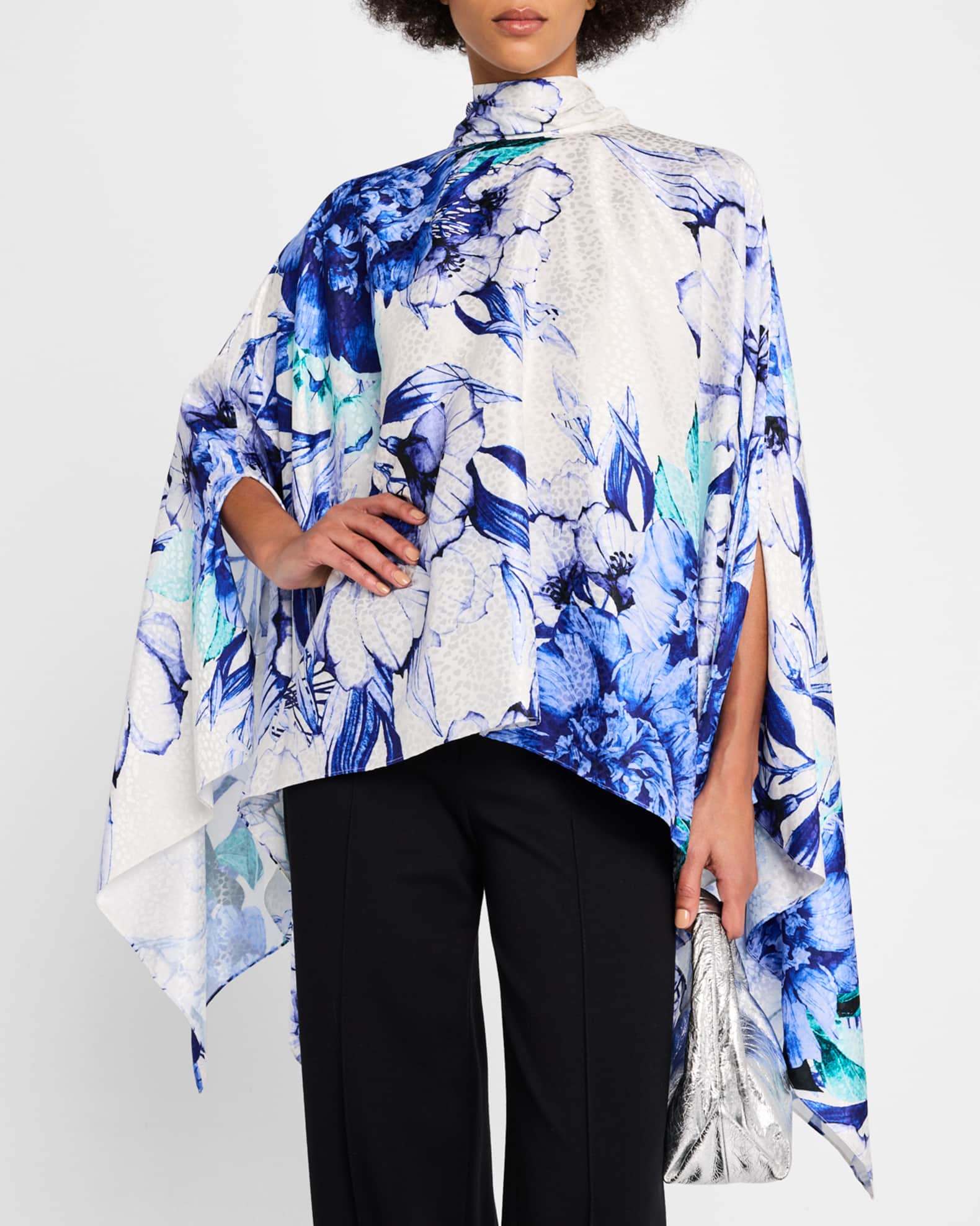 Ungaro Floral-Print Turtleneck Cape Blouse | Neiman Marcus