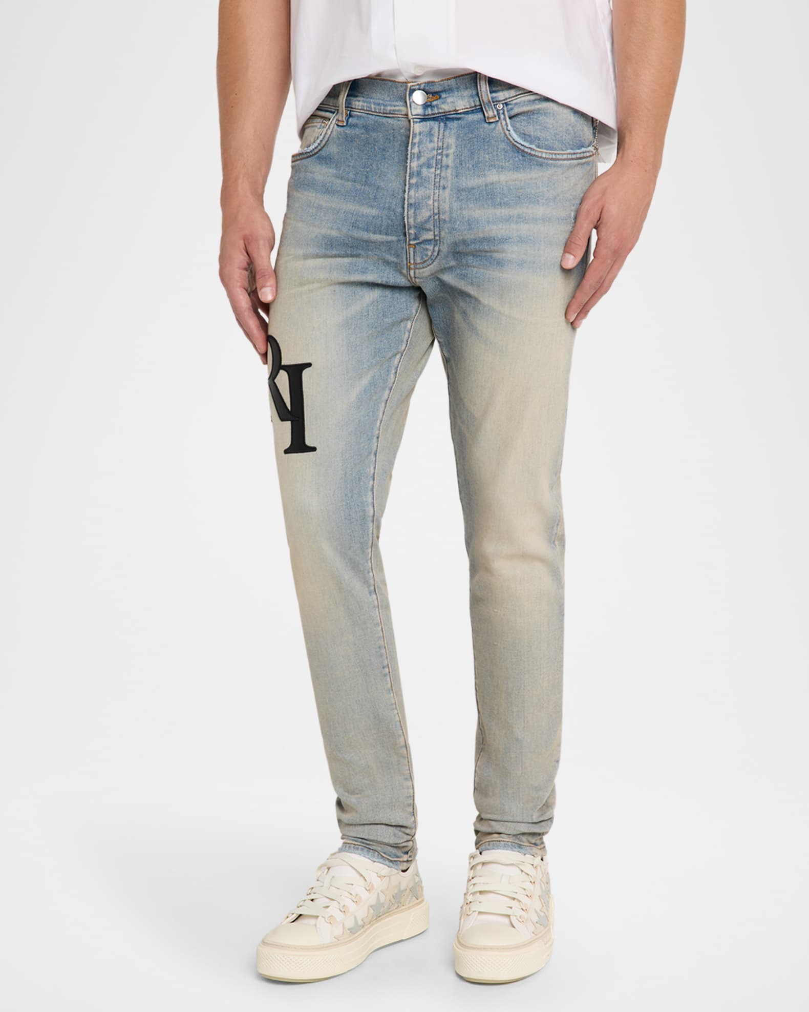Amiri Men's Staggered Leather Logo Skinny Jeans | Neiman Marcus