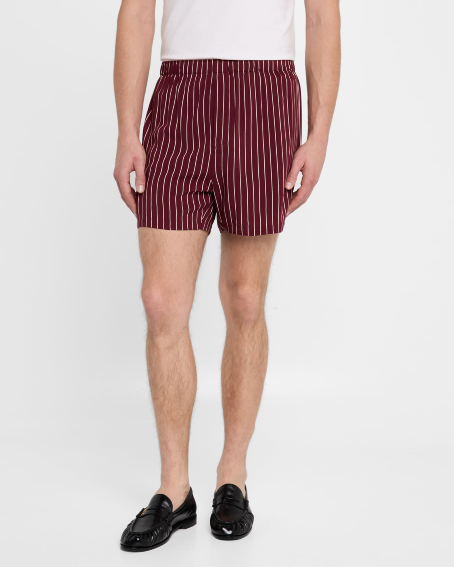 Saint Laurent Men's Cassandre Striped Shorts | Neiman Marcus