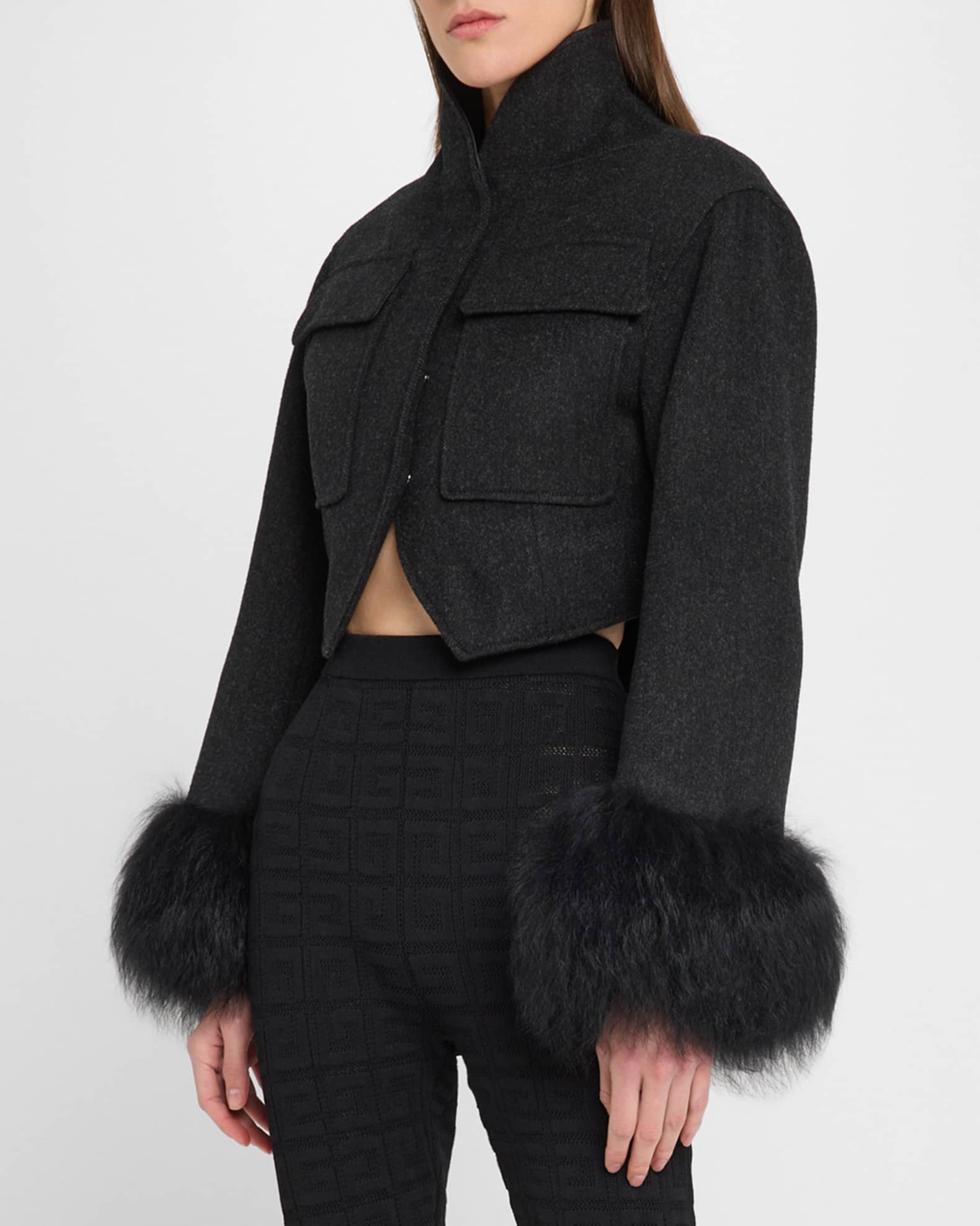Givenchy Sheep Shearling Cuffs Cropped Jacket | Neiman Marcus
