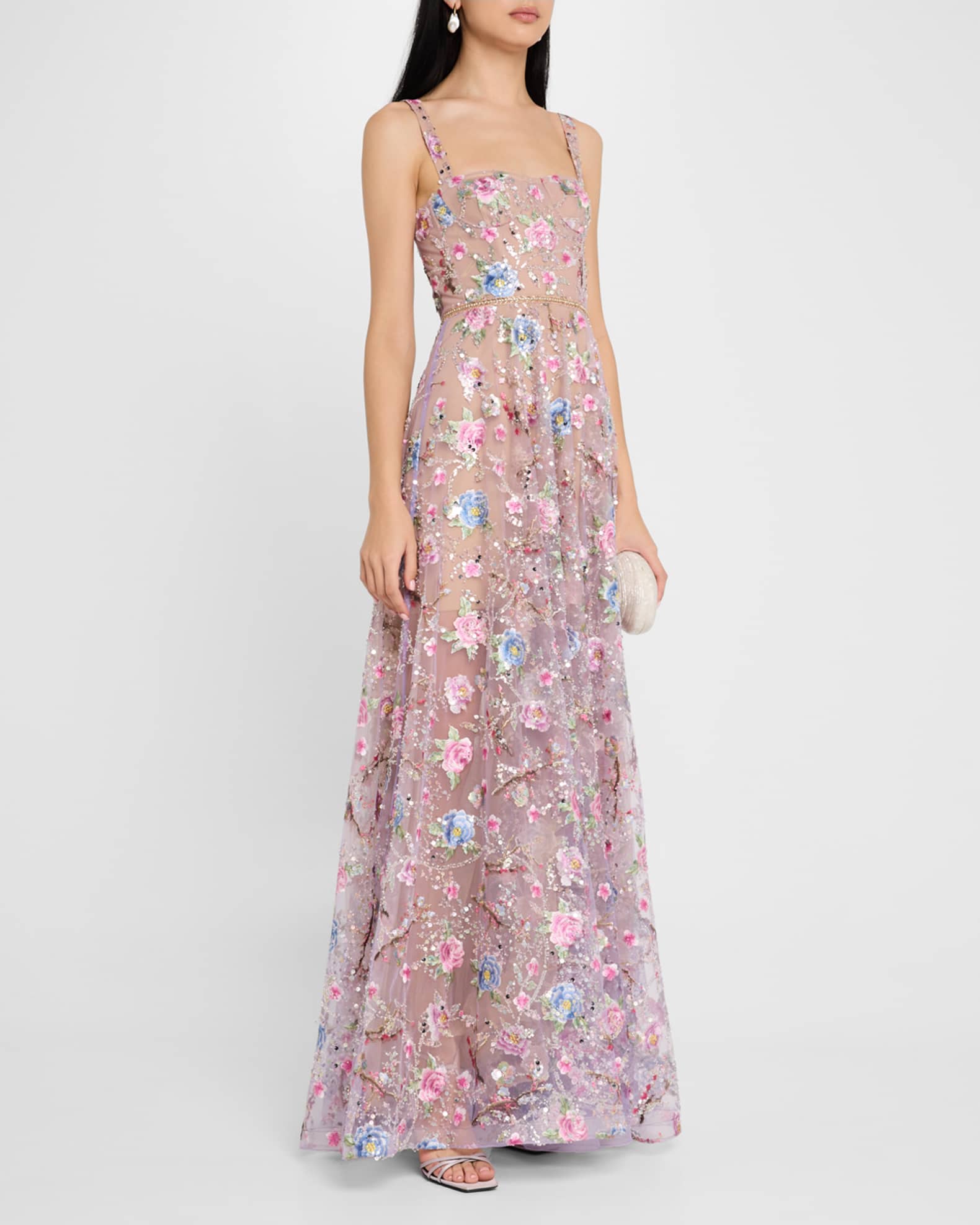 Bronx and Banco Midnight Floral-Embroidered Bead & Sequin Gown | Neiman ...