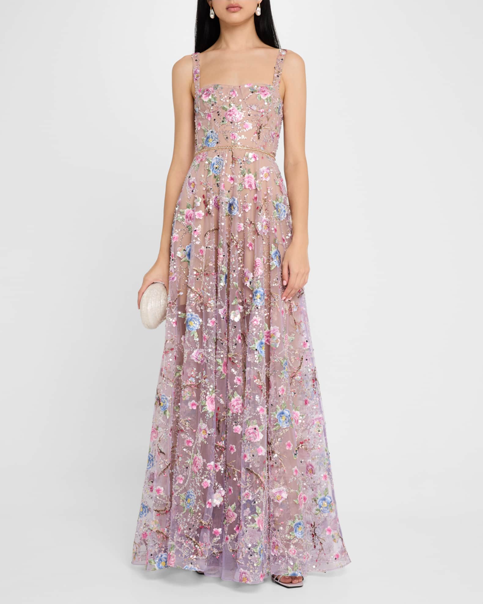 Bronx and Banco Midnight Floral-Embroidered Bead & Sequin Gown | Neiman ...