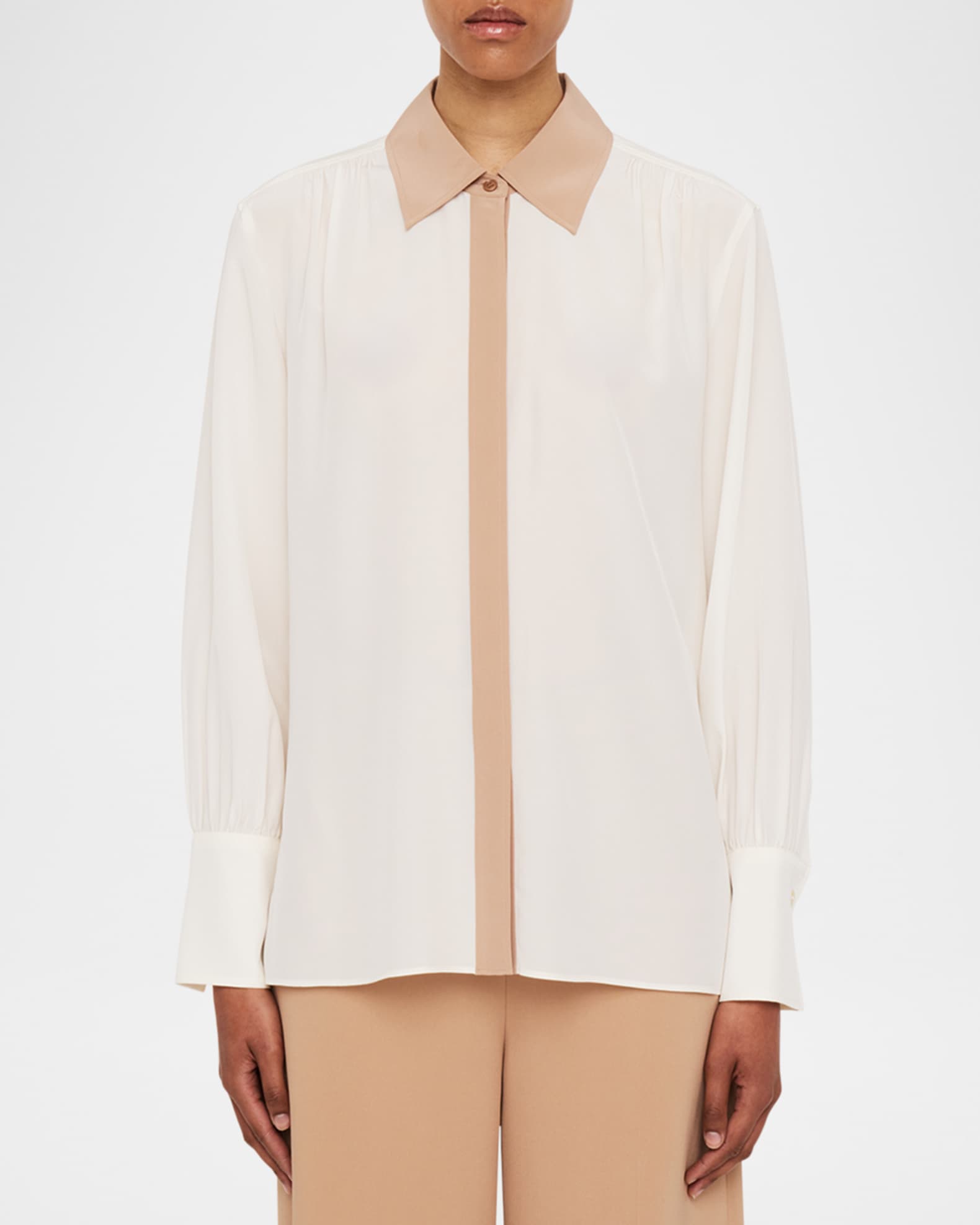 Evora Colorblock-Print Point-Collar Silk Blouse | Neiman Marcus