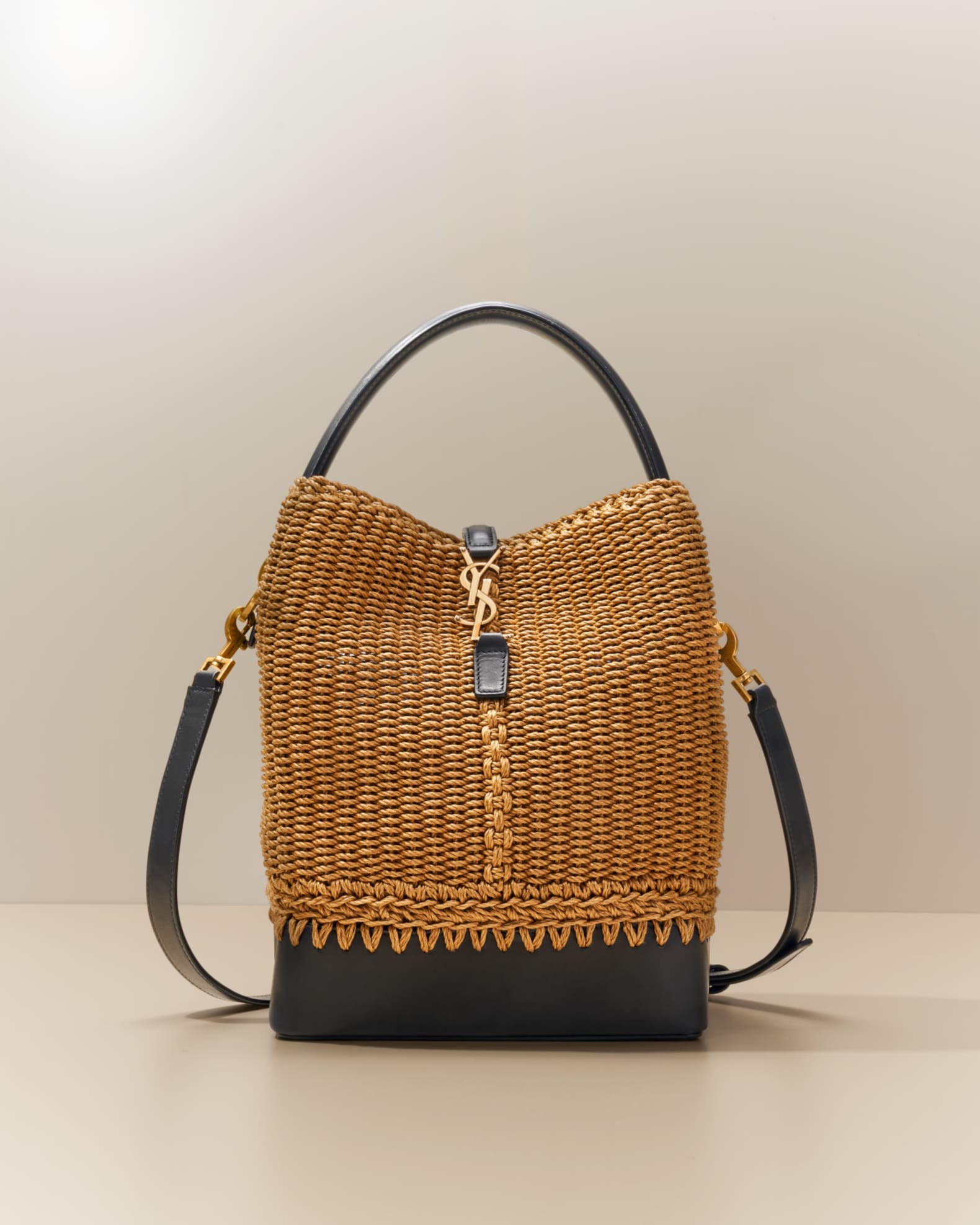 Saint Laurent Le 37 YSL Bucket Bag in Raffia and Leather | Neiman Marcus