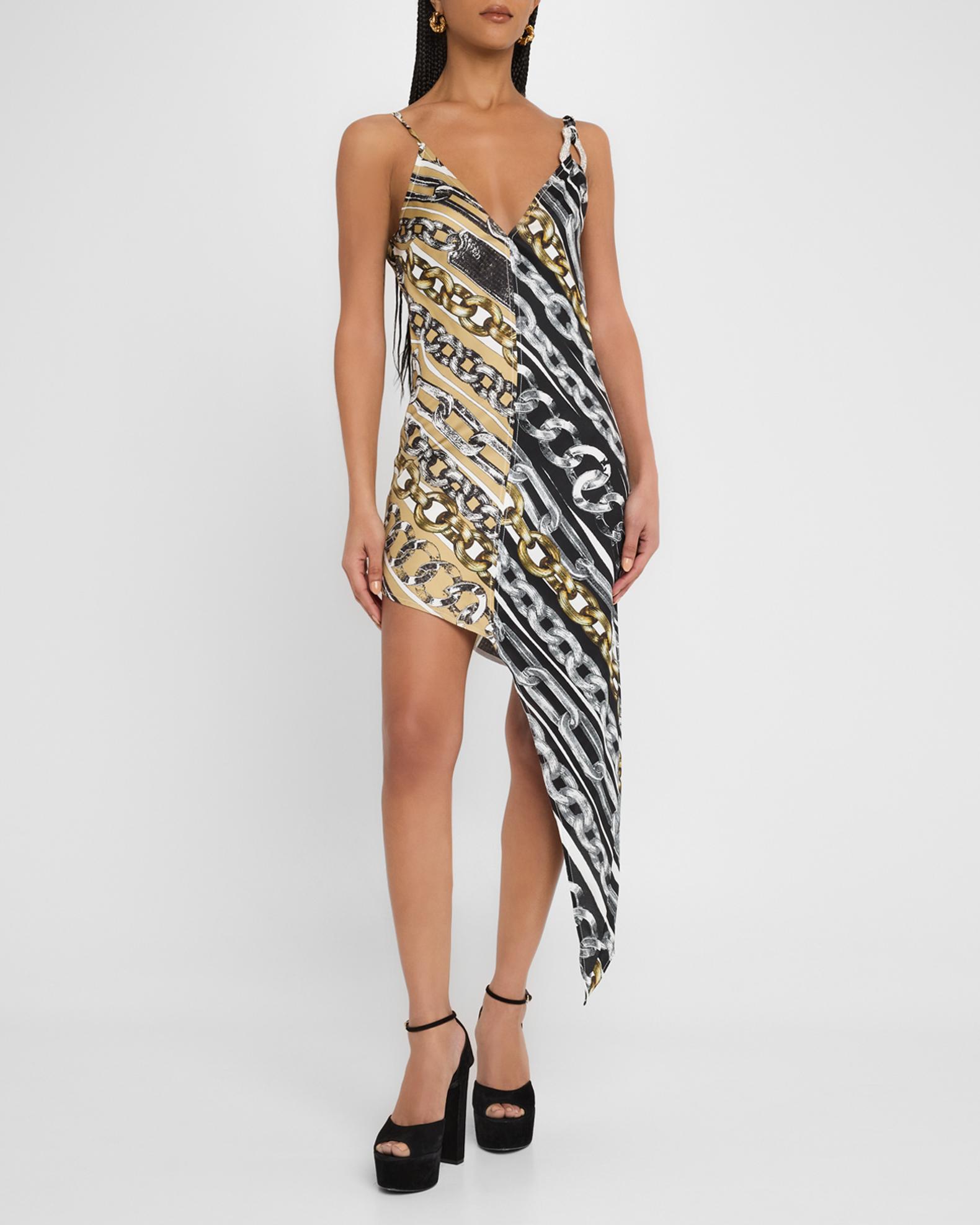 AREA Chain-Print Crystal-Link Asymmetric Mini Slip Dress | Neiman Marcus