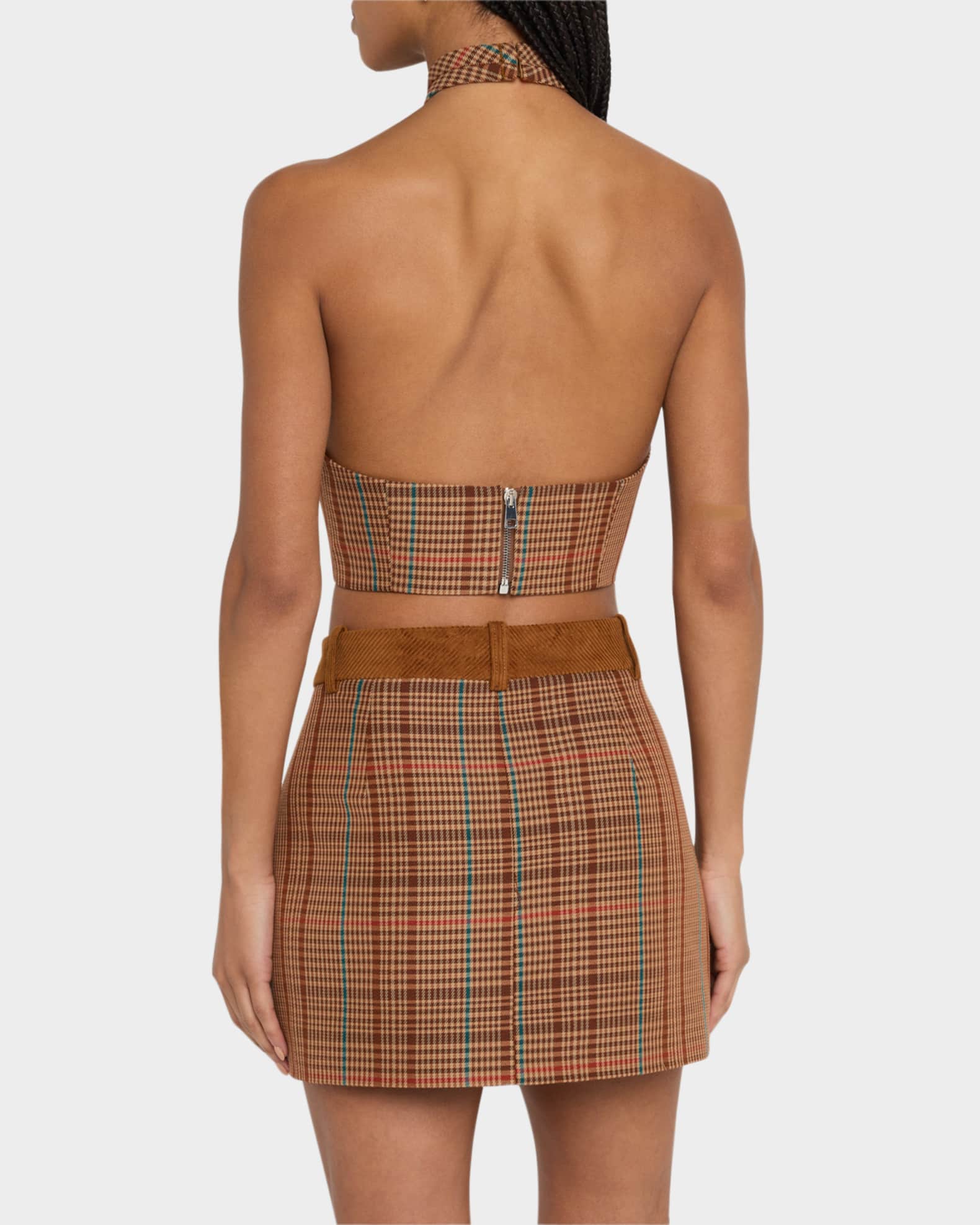 AREA Crystal-Button Check Crop Halter Top | Neiman Marcus