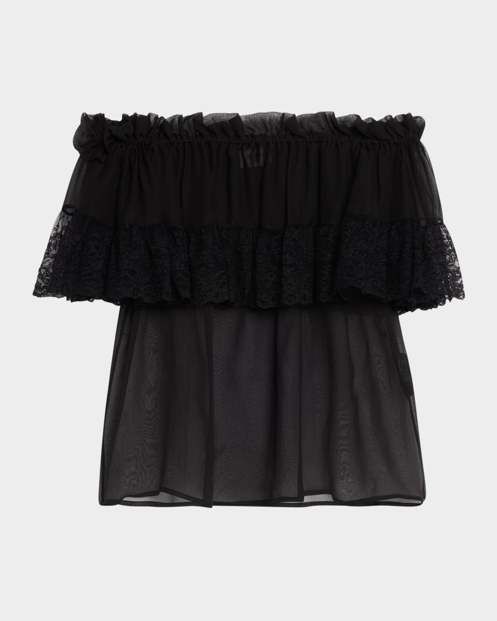 Saint Laurent Lace Ruffle Off-The-Shoulder Silk Blouse | Neiman Marcus