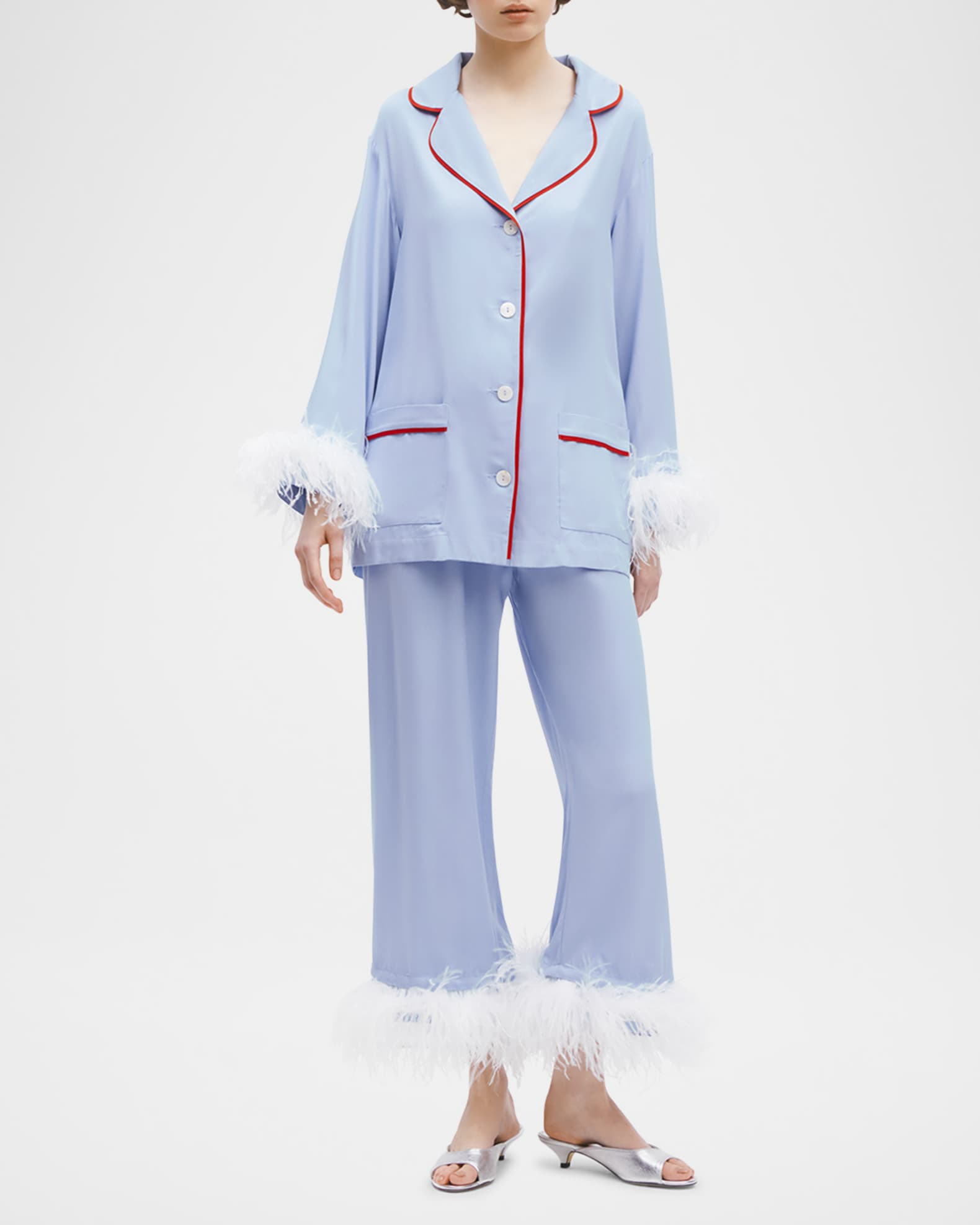Sleeper Cropped Feather-Trim Party Pajama Set | Neiman Marcus
