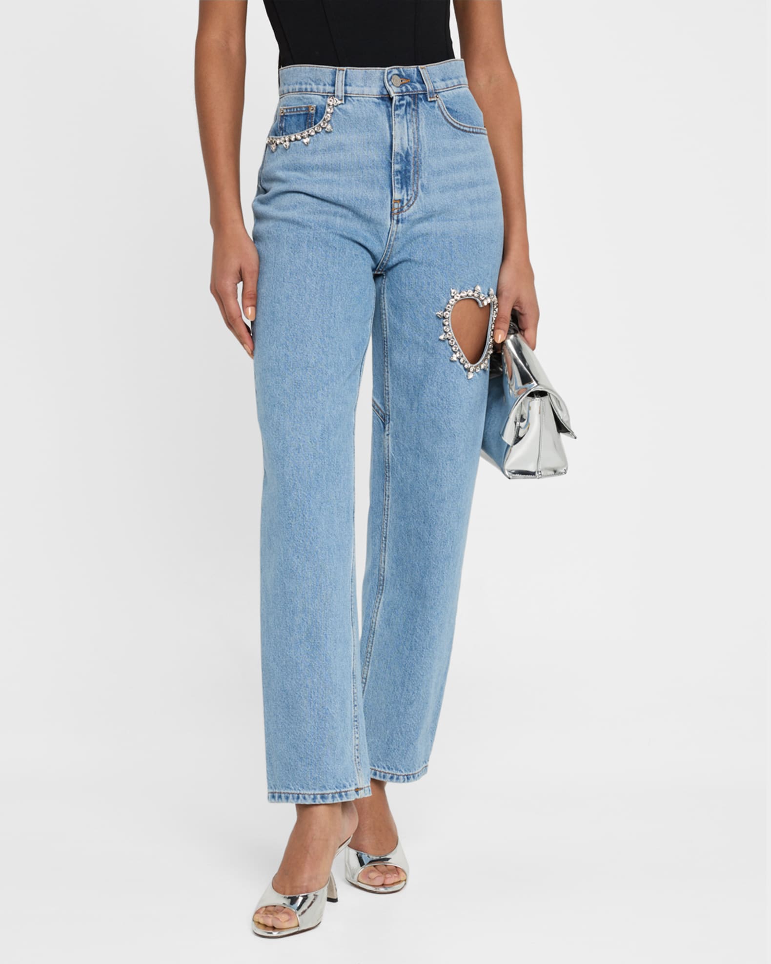 AREA Crystal Heart Cutout Straight-Leg Ankle Jeans | Neiman Marcus