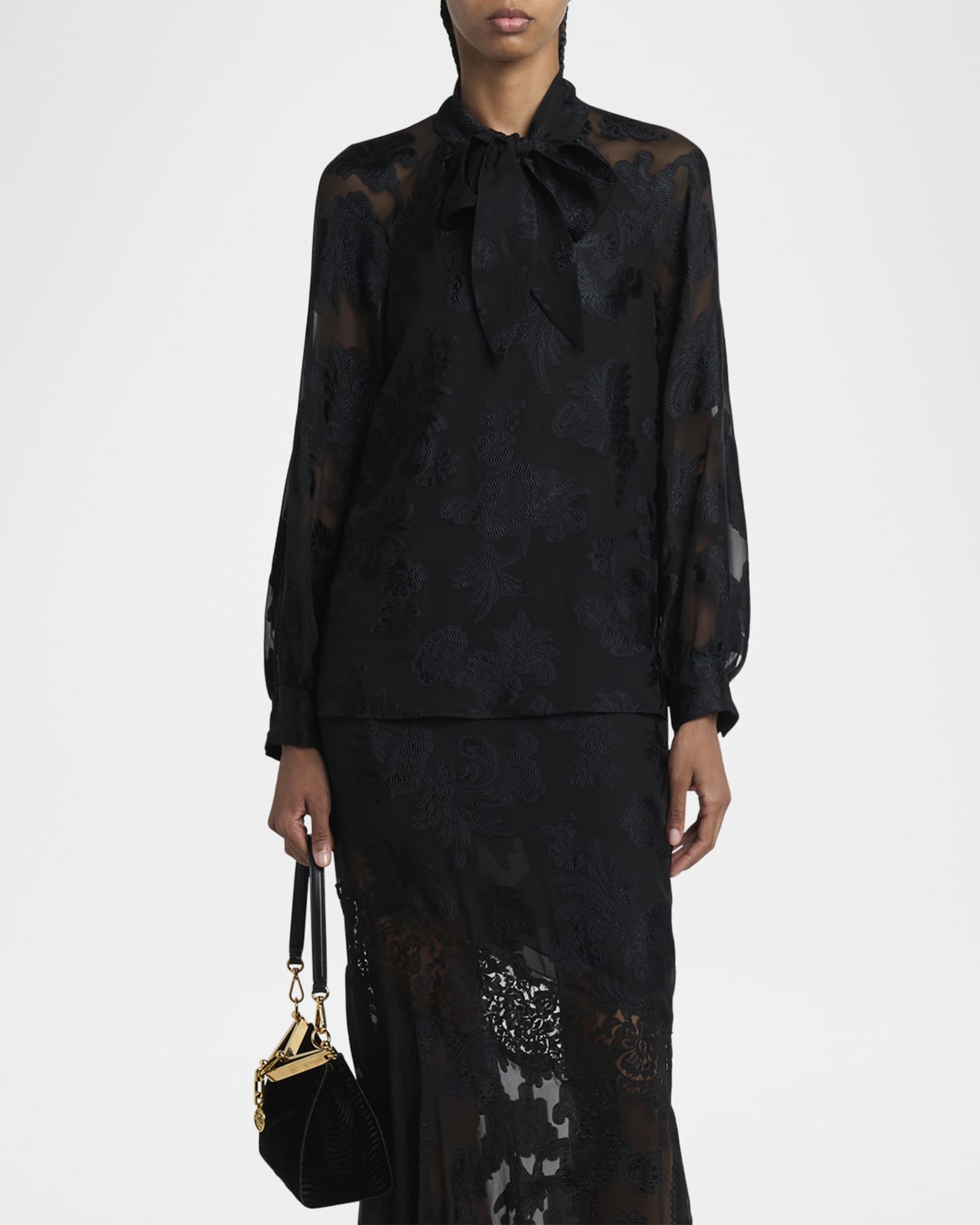 Etro Fils Coupe Long-Sleeve Tie-Neck Blouse | Neiman Marcus