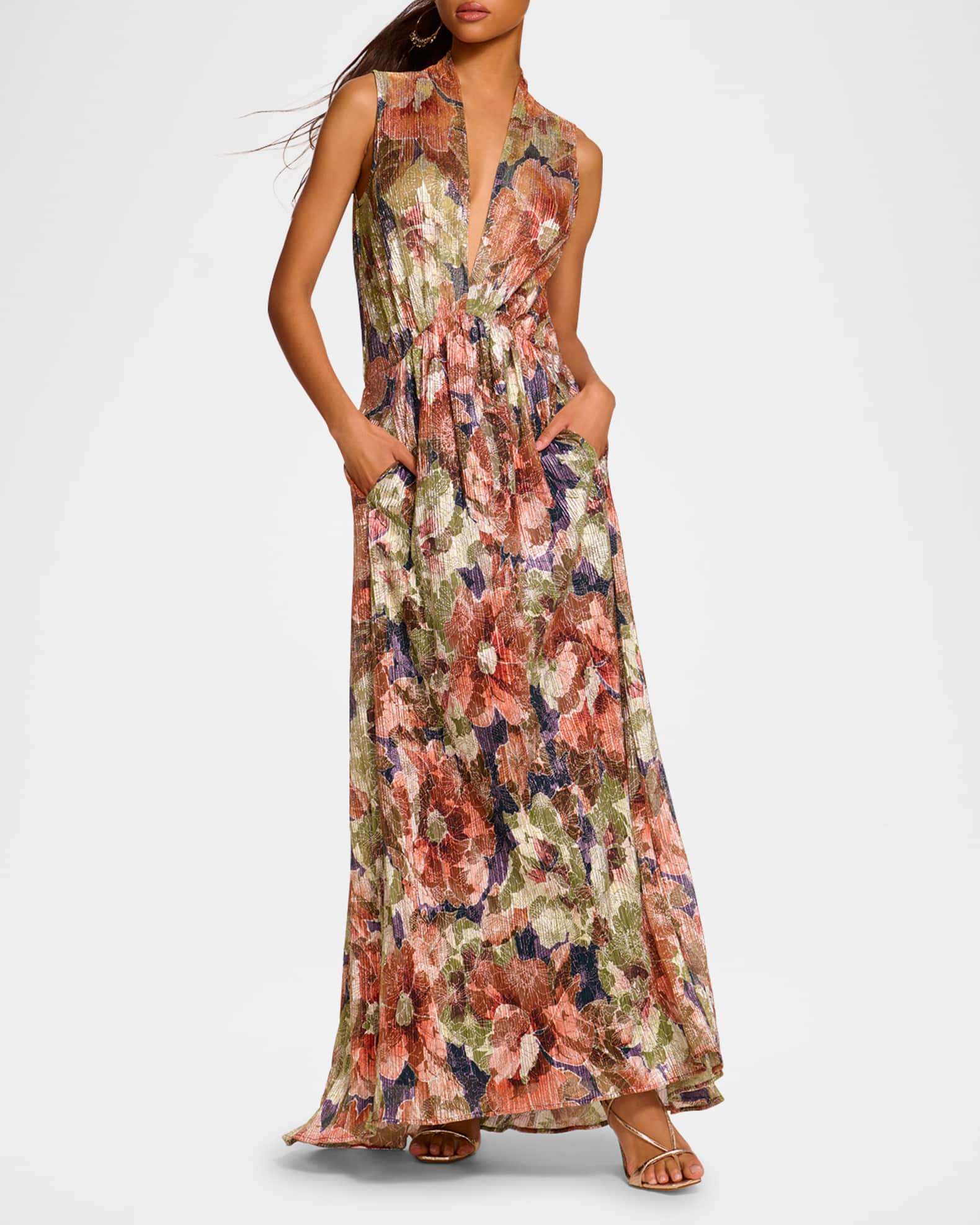 Ramy Brook Geanine Metallic Floral Maxi Dress | Neiman Marcus