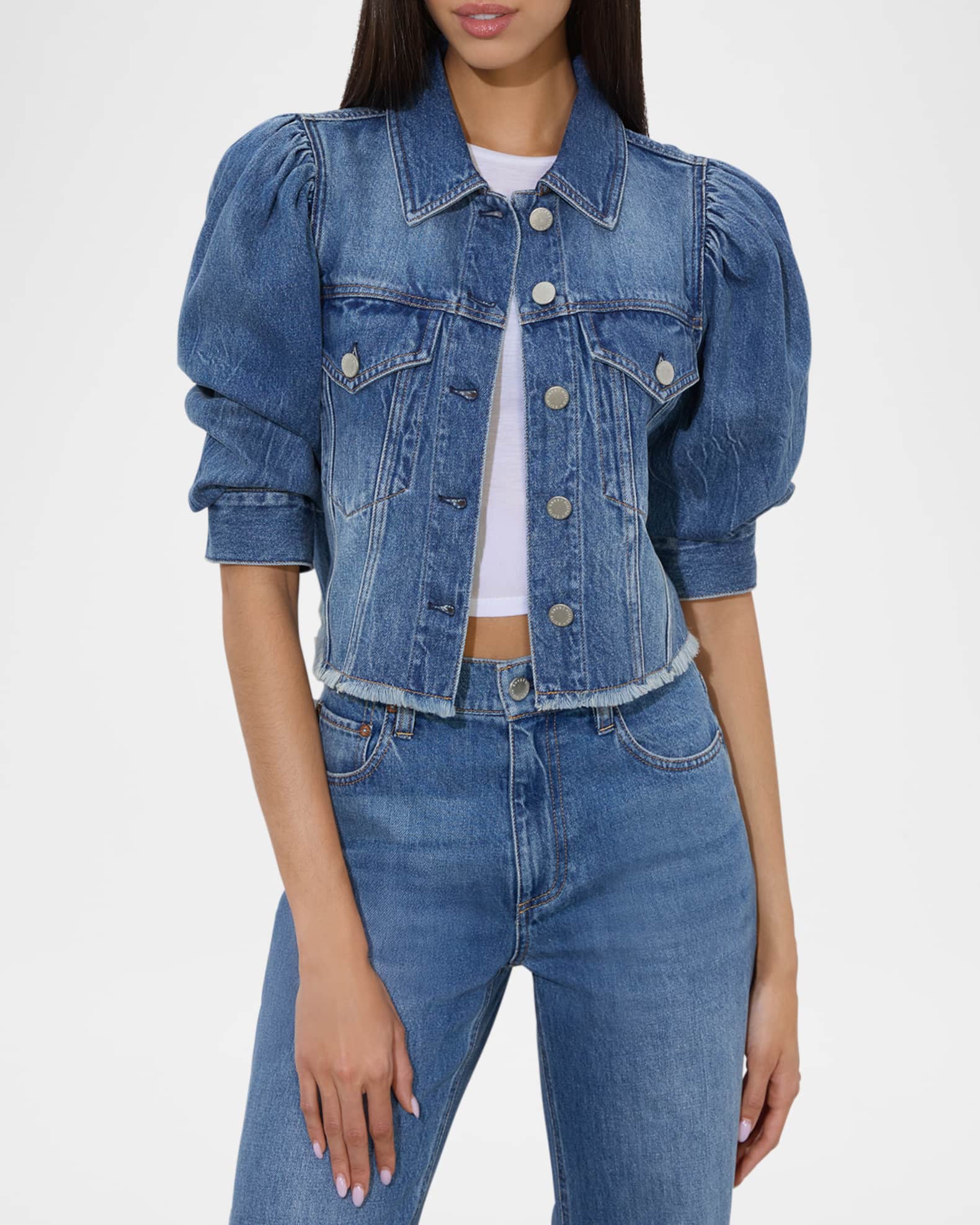 Alice + Olivia Lana Puff-Sleeve Denim Jacket | Neiman Marcus