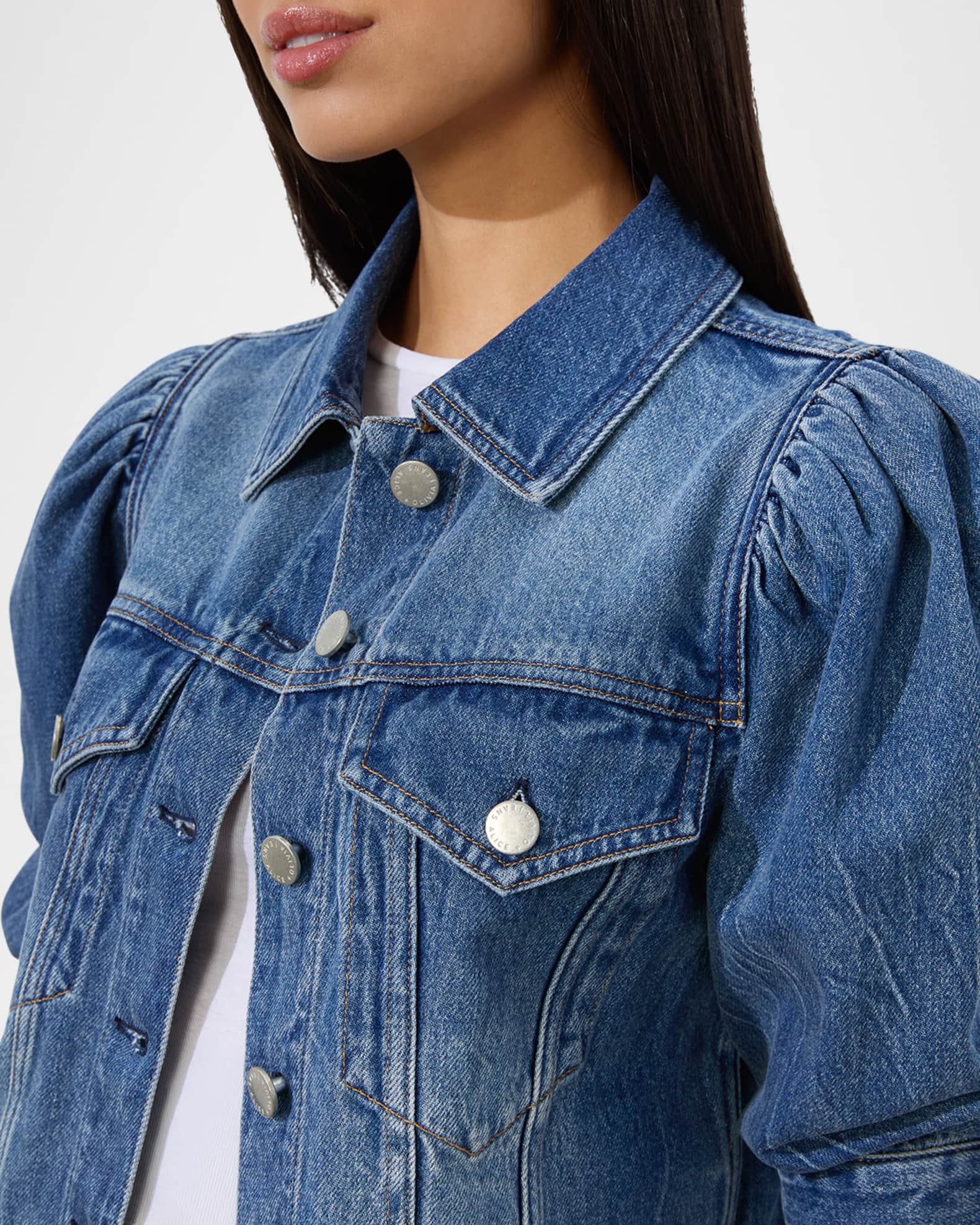 Alice + Olivia Lana Puff-Sleeve Denim Jacket | Neiman Marcus