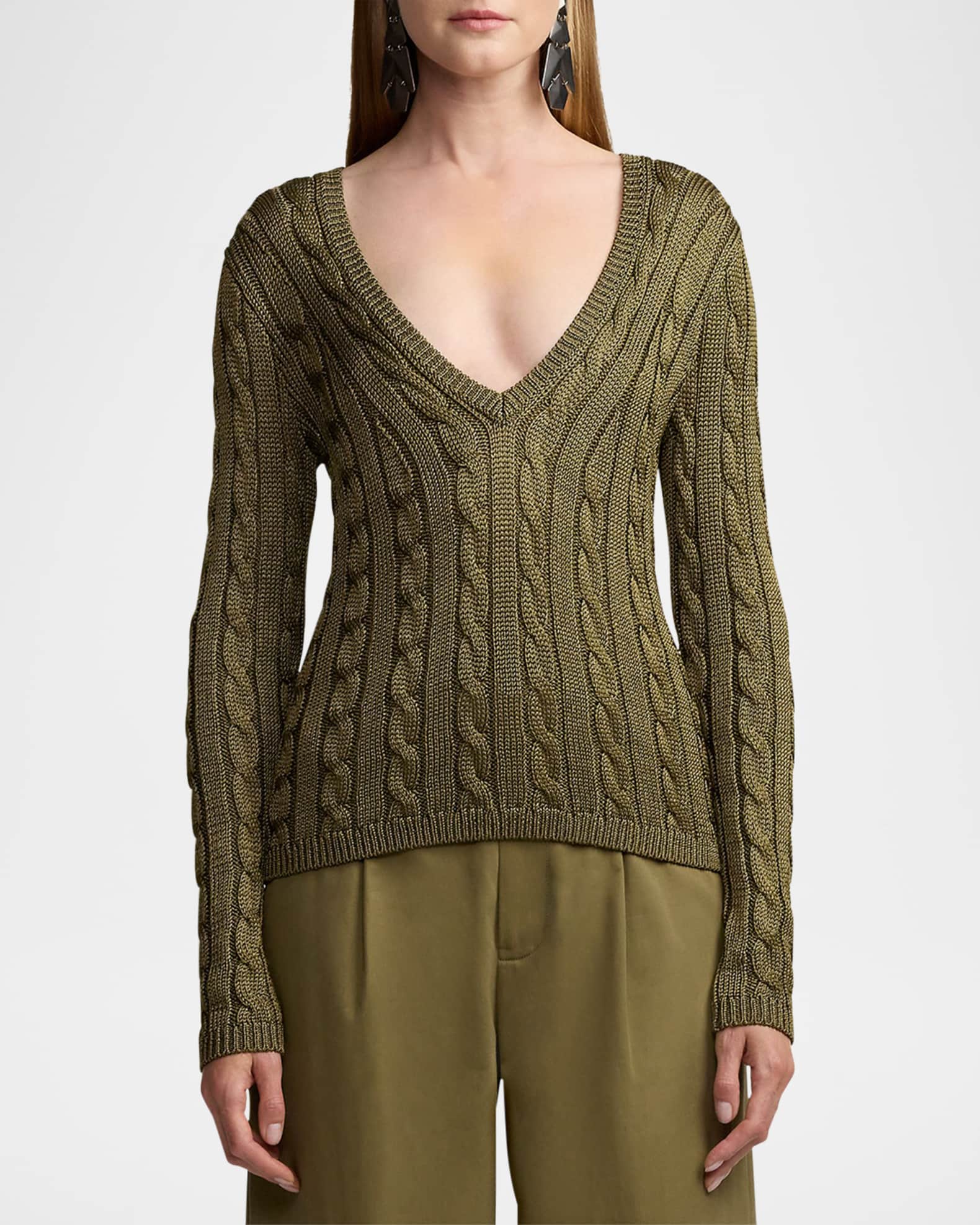 Ralph Lauren Collection Cable-Knit Silk V-Neck Sweater | Neiman Marcus