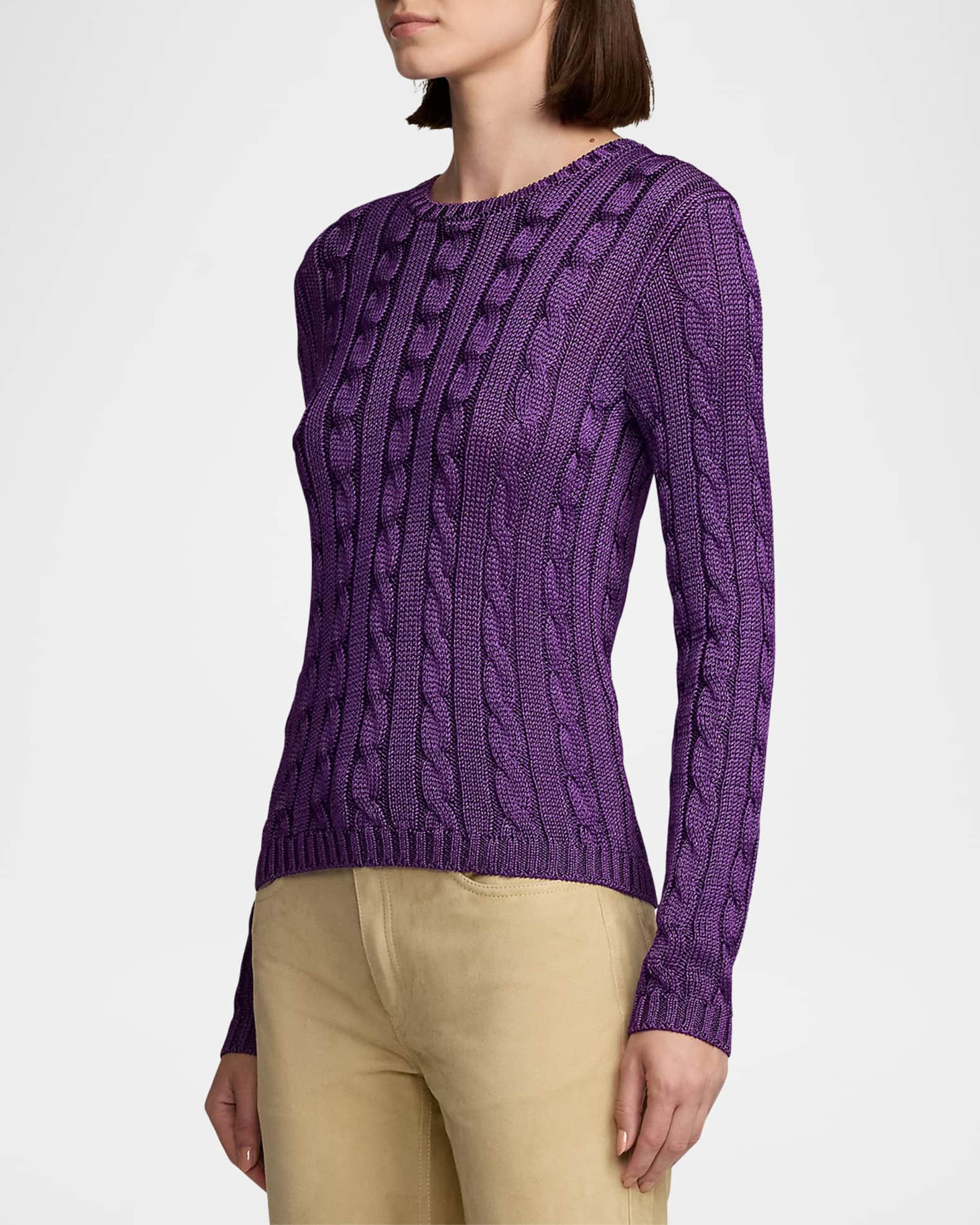 Ralph Lauren Collection Cable-Knit Silk Crewneck Sweater | Neiman Marcus