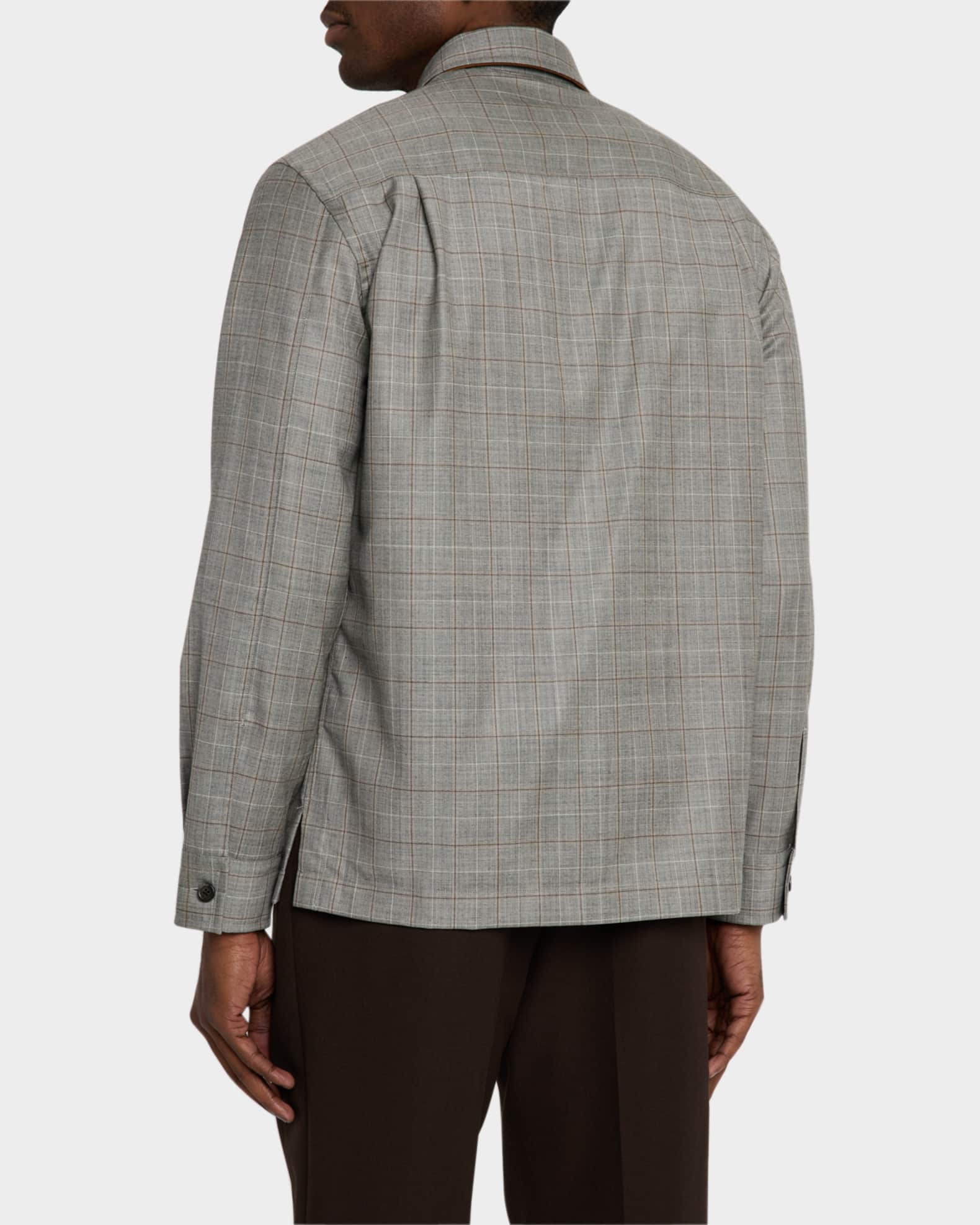 dunhill Men's Wool Check Overshirt with Suede Trim | Neiman Marcus