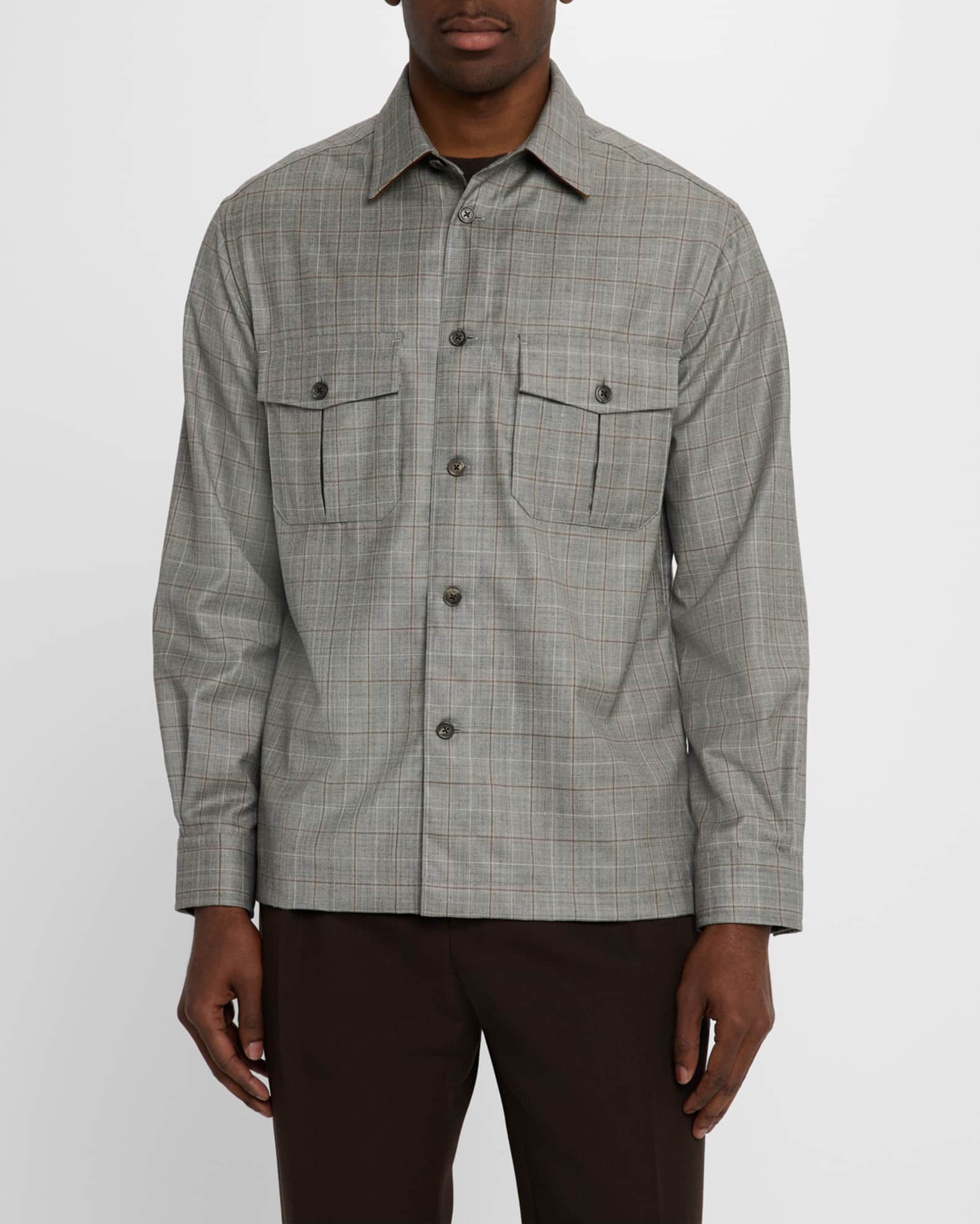 dunhill Men's Wool Check Overshirt with Suede Trim | Neiman Marcus