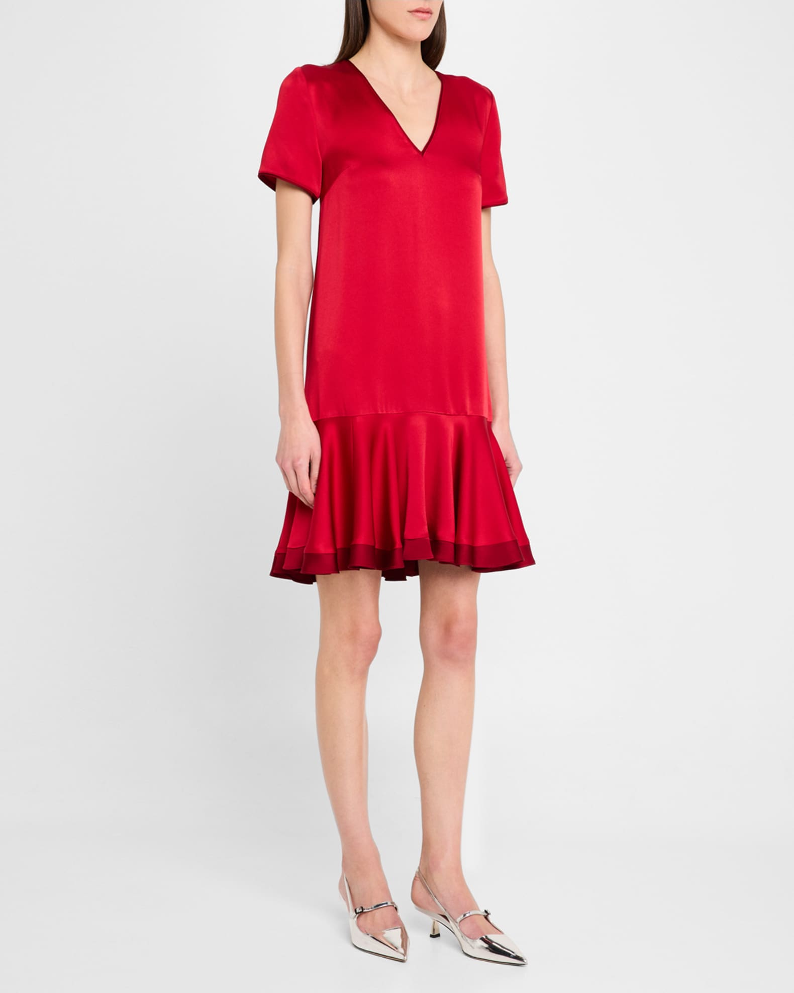 Bach Mai Short-Sleeve Satin Ruffle Mini Dress | Neiman Marcus