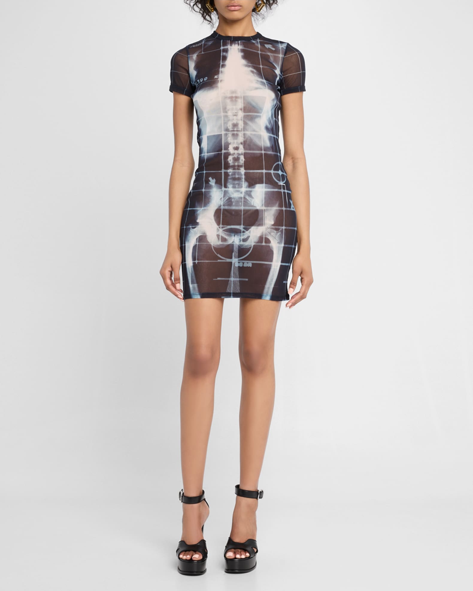 Jean Paul Gaultier Squeletor X-Ray Printed Mesh Short-Sleeve Mini Dress | Neiman Marcus