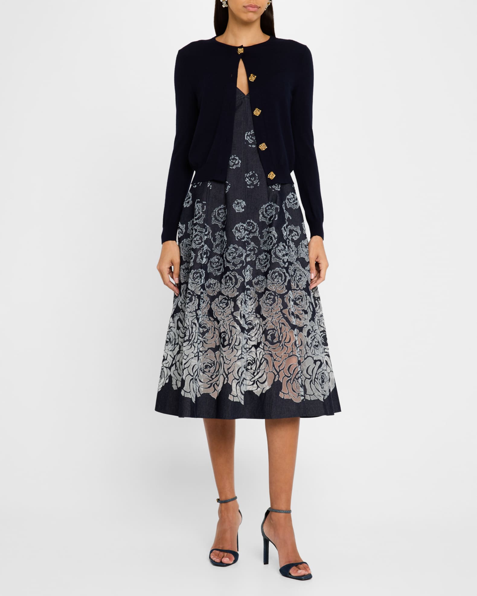 Oscar de la Renta V-Neck Rose Denim Devore Sleeveless Midi Dress ...