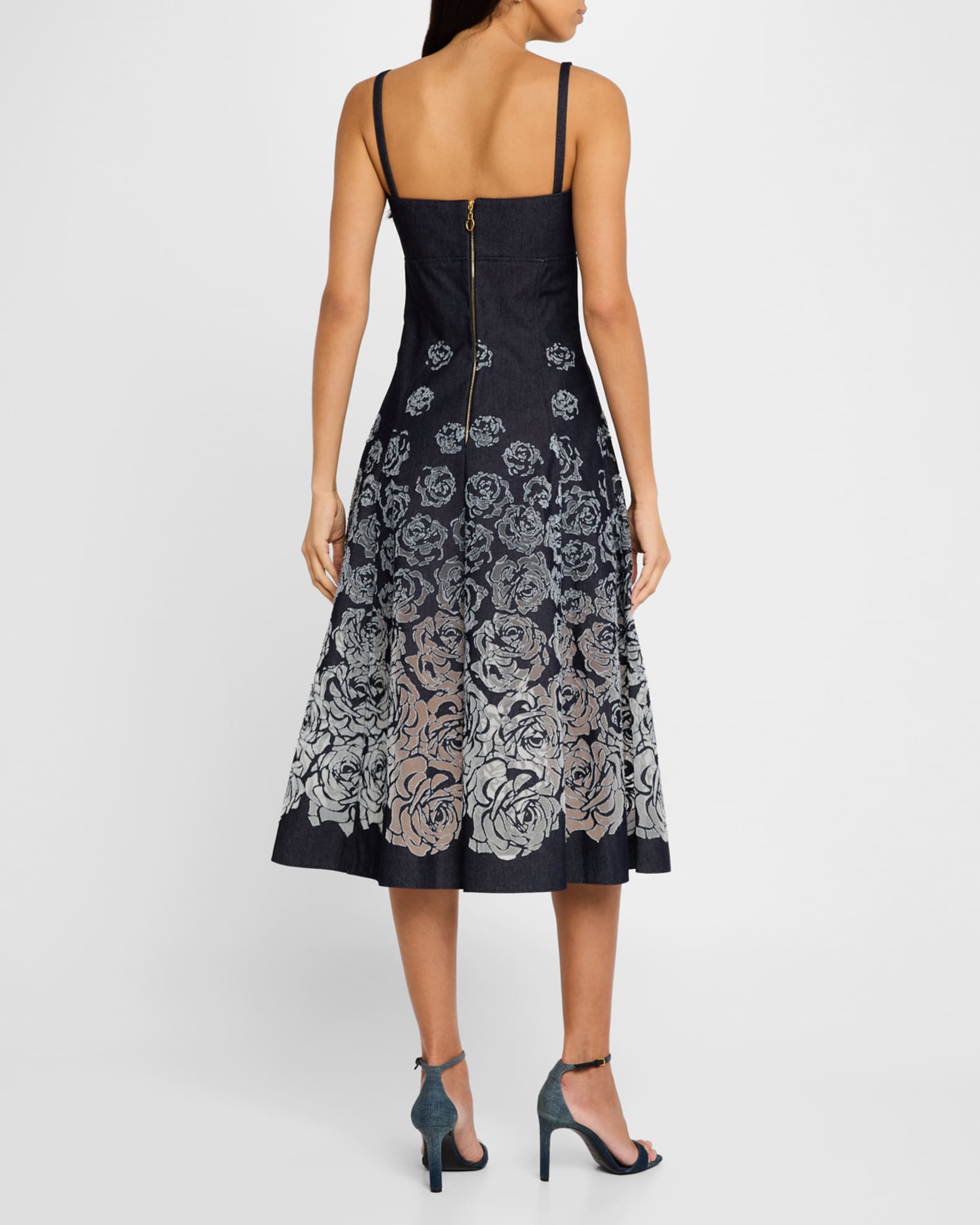 Oscar de la Renta V-Neck Rose Denim Devore Sleeveless Midi Dress ...