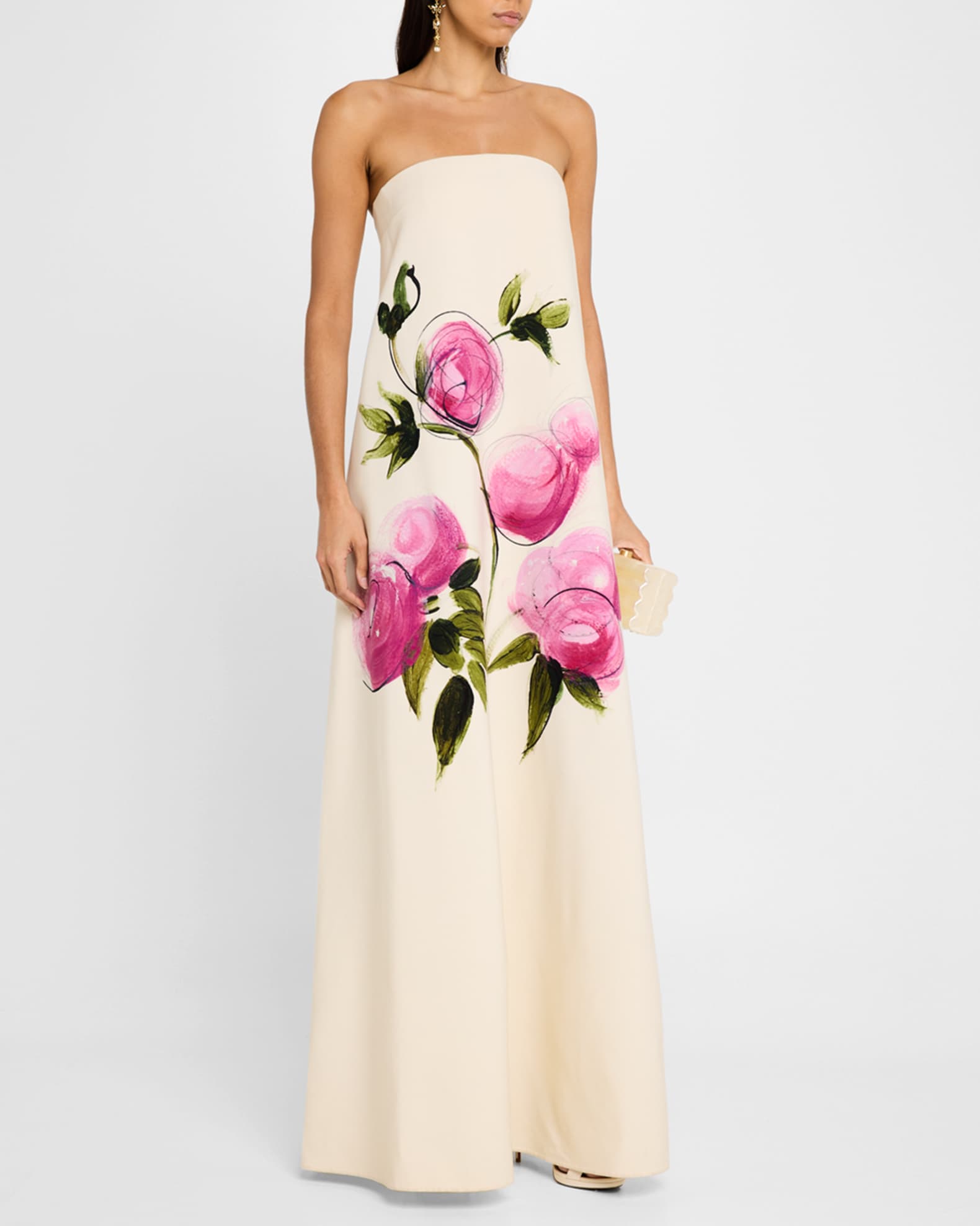 Oscar de la Renta Strapless Painted Roses Wool Gown | Neiman Marcus