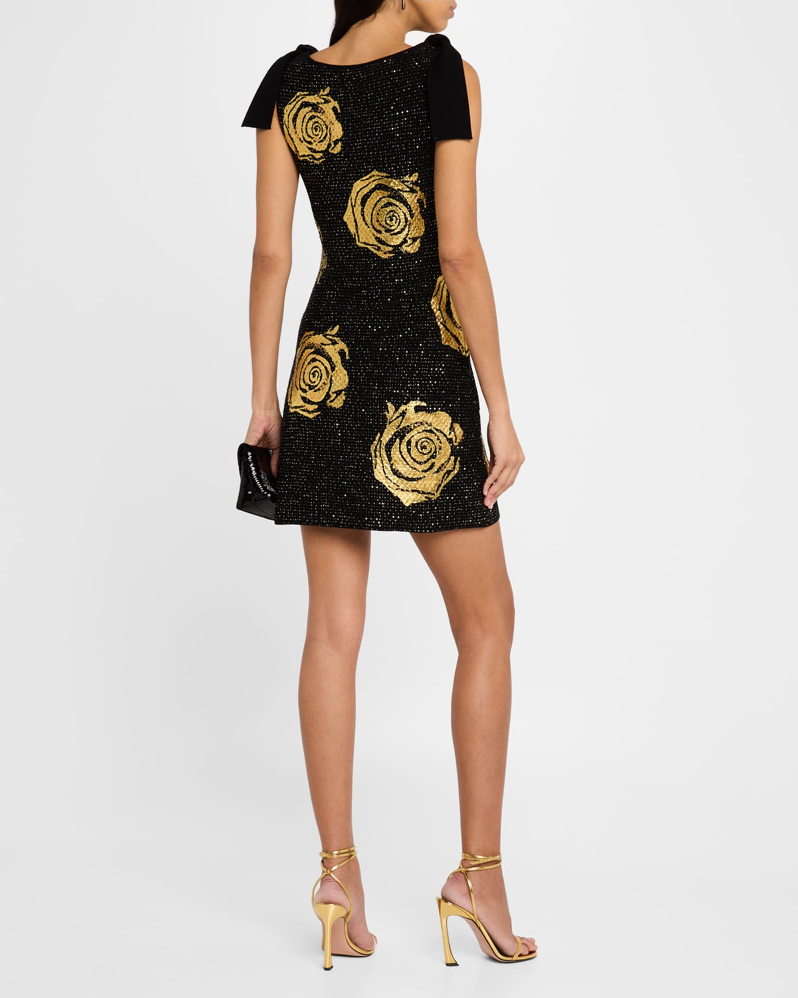 Oscar de la Renta Foil Rose Tie Sleeveless Paillette Knit Mini Dress ...